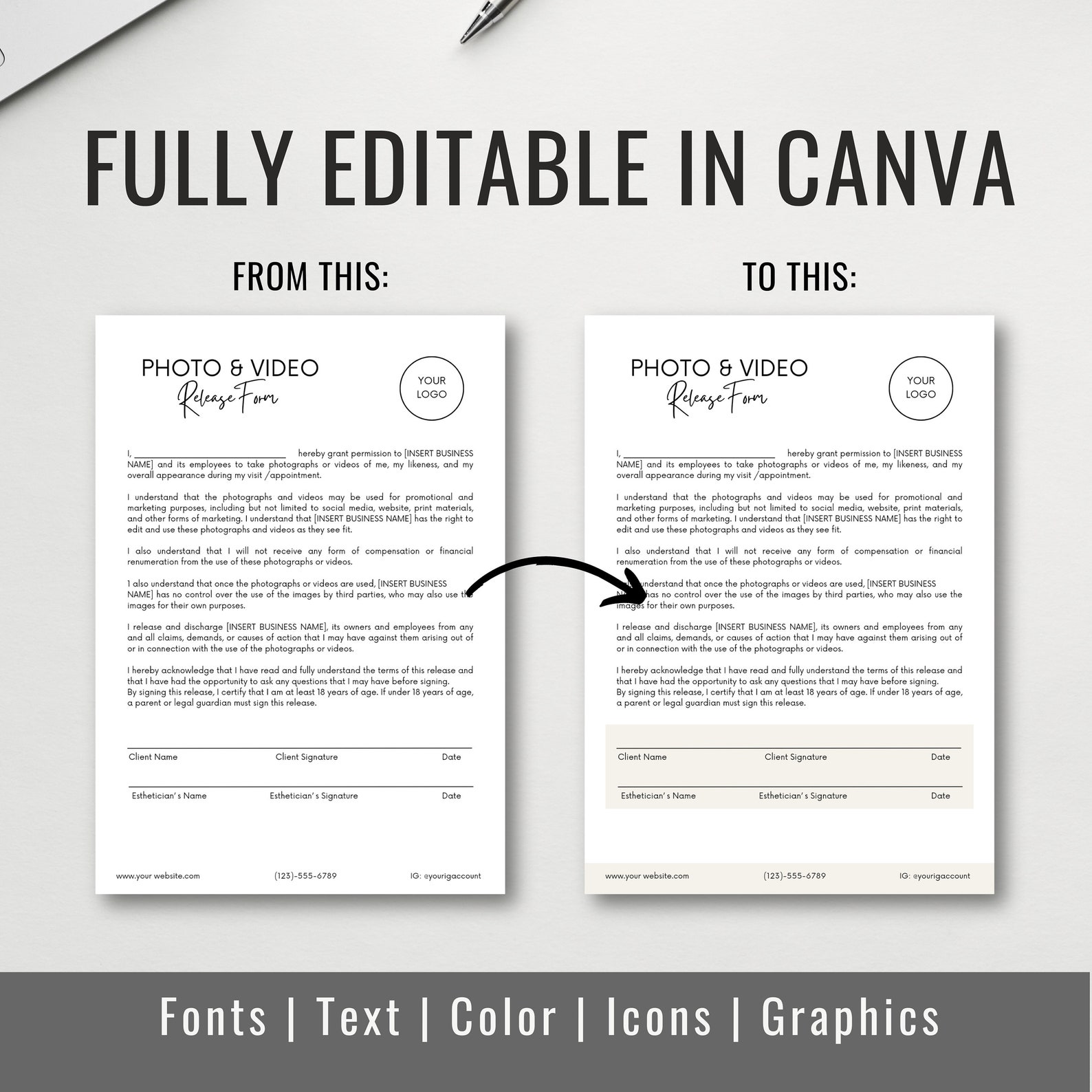 Photo and Video Release Form, Photography Consent Form, Skincare Forms, Esthetician Forms, Lash ...