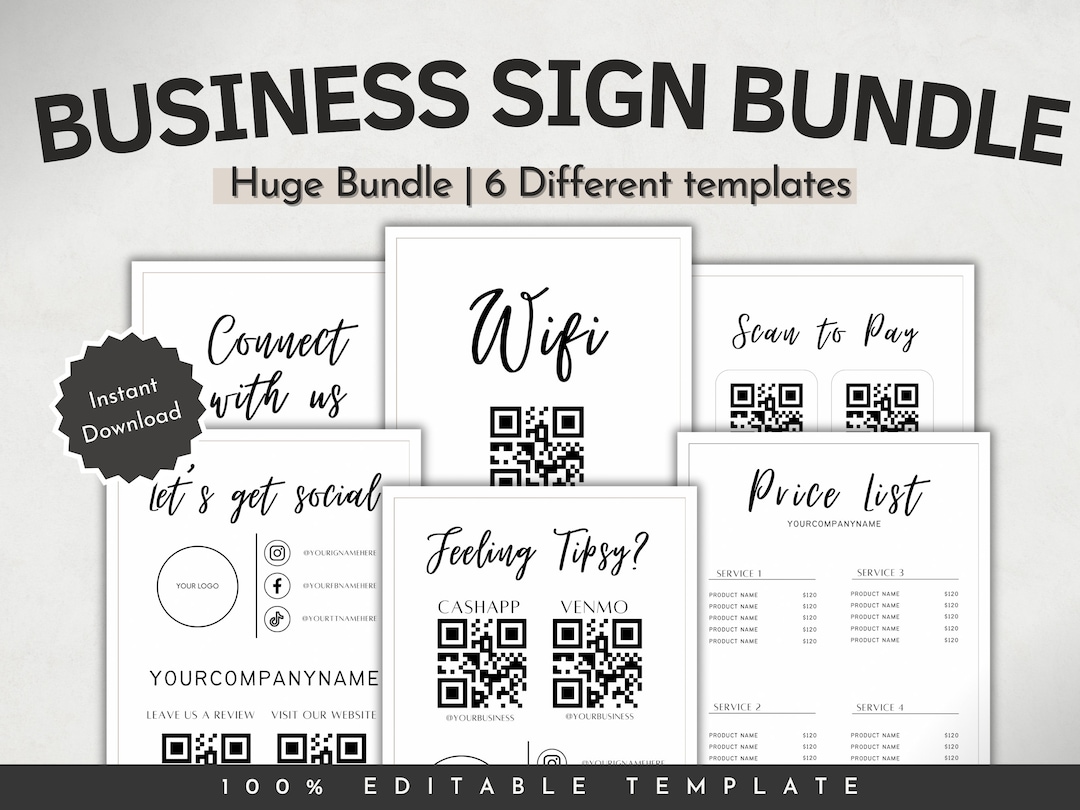 Editable Business Sign Template Bundle, Scan to Pay Sign, Social Media ...