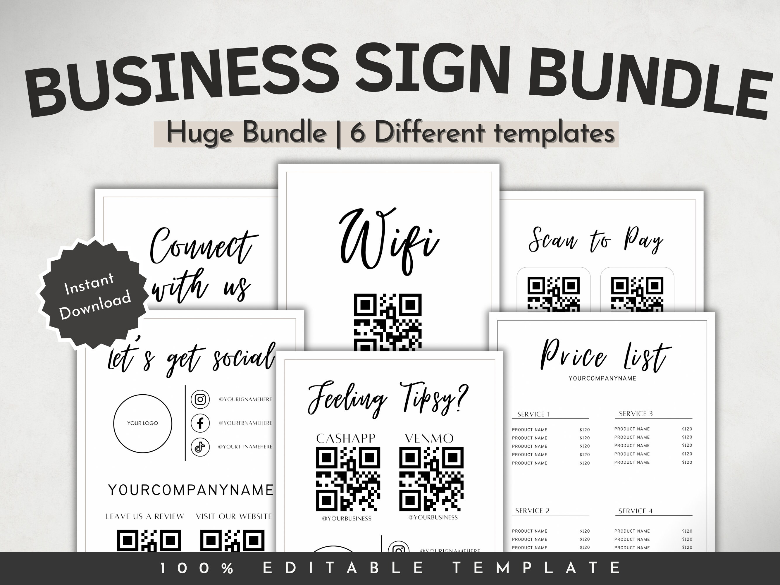 Editable Business Sign Template Bundle, Scan to Pay Sign, Social Media ...