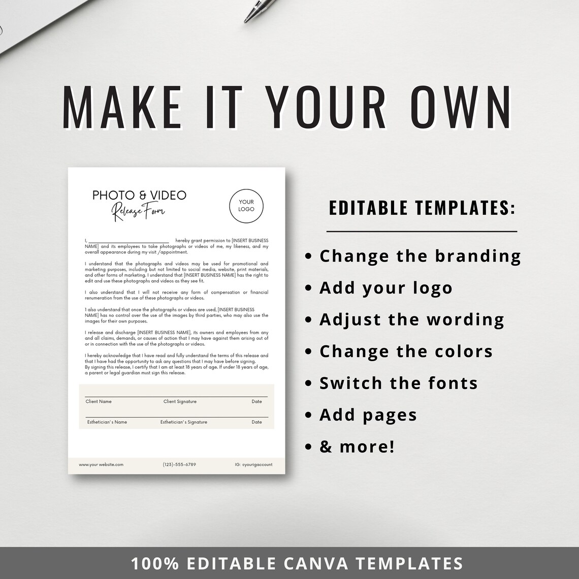 Photo and Video Release Form, Photography Consent Form, Skincare Forms, Esthetician Forms, Lash ...