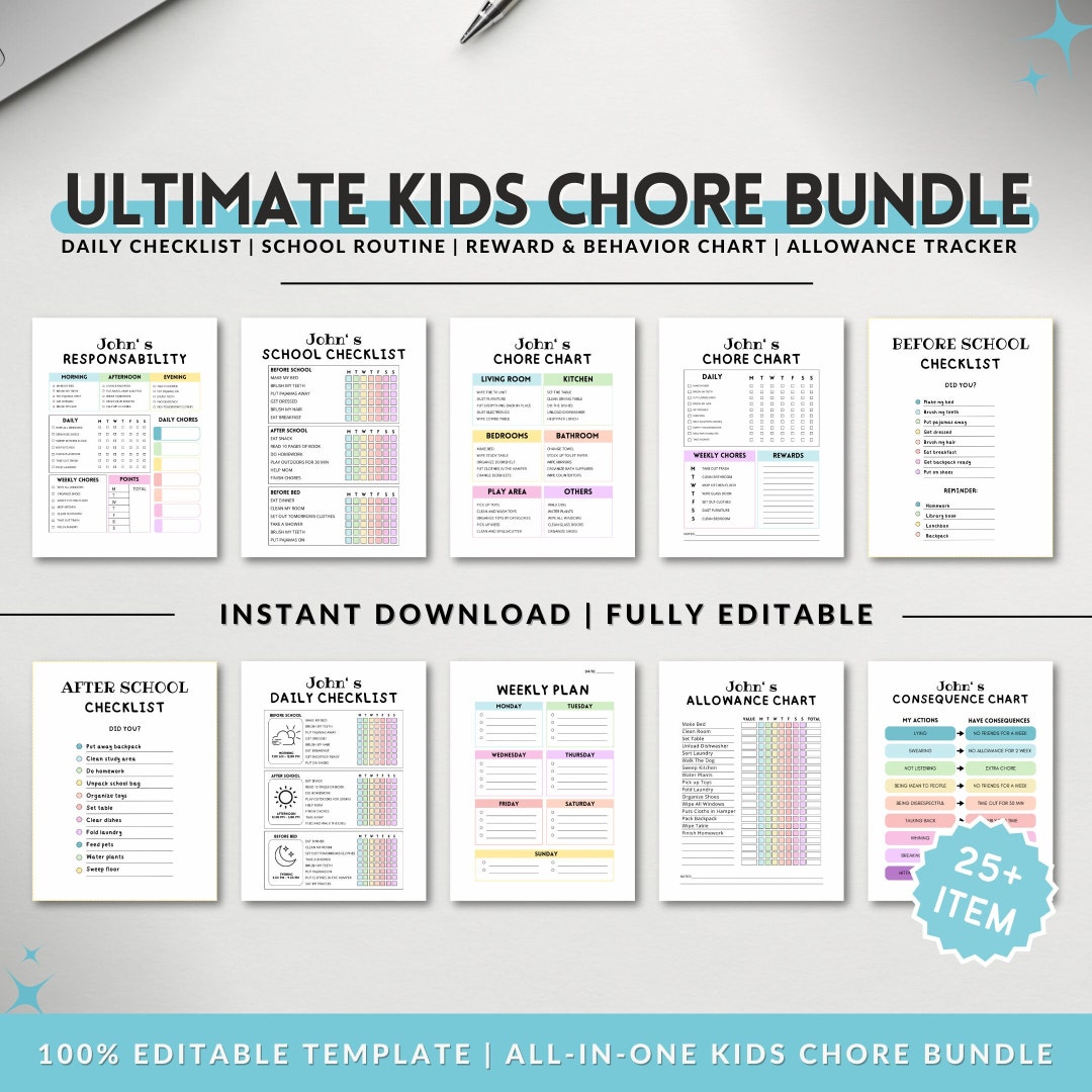 Editable Kids Chore Chart Bundle, Reward Allowance Behavior Consequence ...