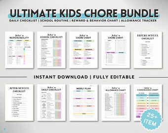 Editable Kids Chore Chart Bundle, Reward Allowance Behavior Consequence ...