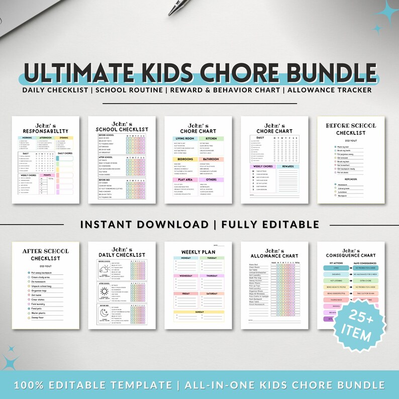 Editable Kids Chore Chart Bundle, Reward Allowance Behavior Consequence ...