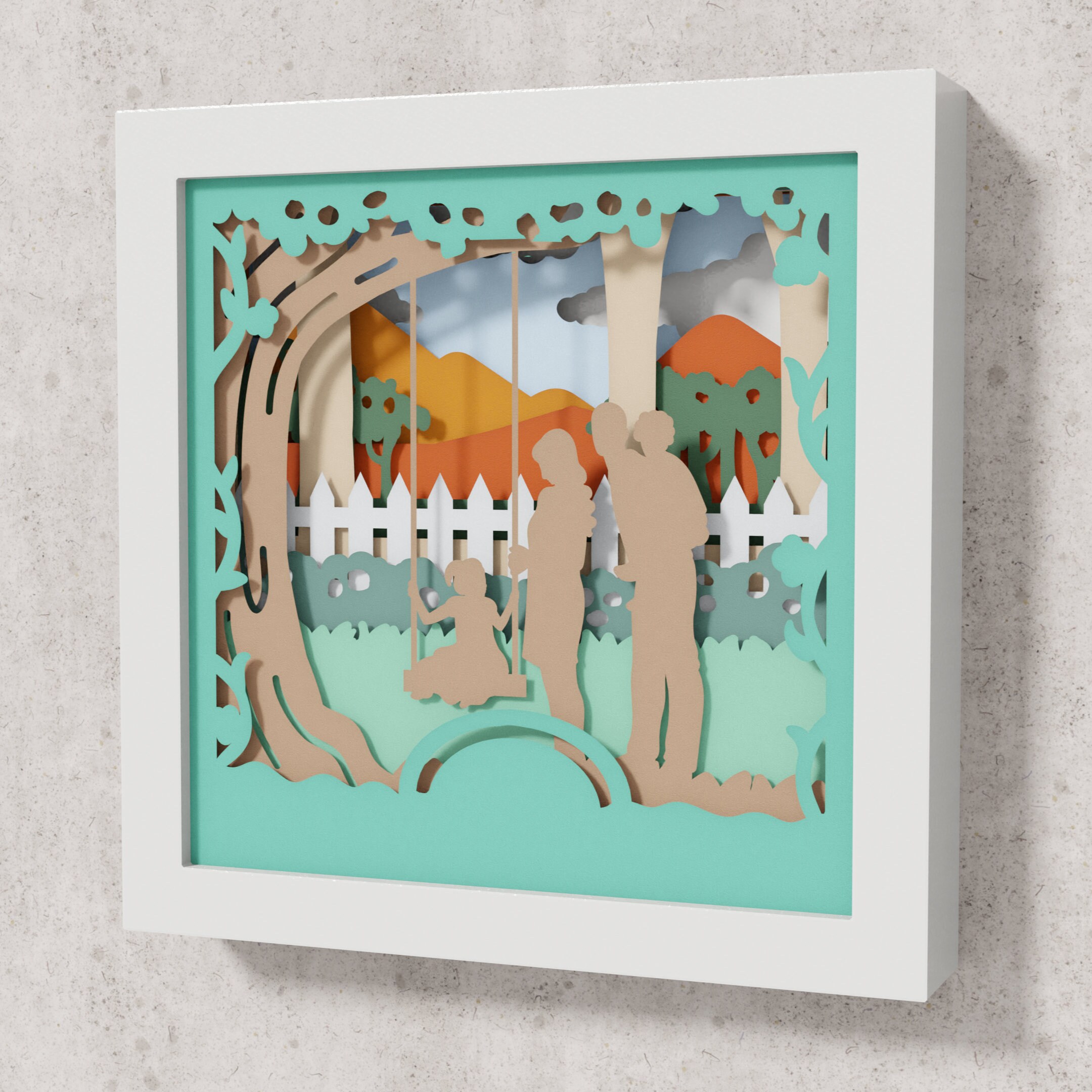 Paper Art Template, Digital Layered Art File, Family Playing in a Swing ...