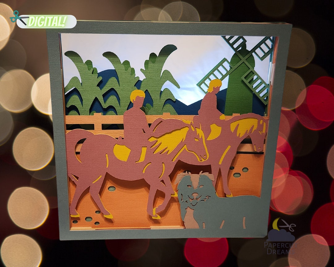 Paper Layered Art Template, 3D Ranch Couple on Horseback, DIY Shadow ...