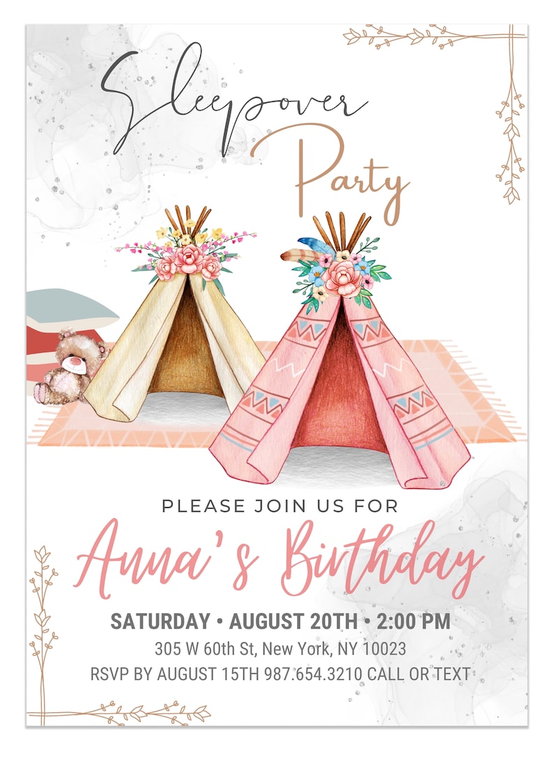 Tent Sleepover Invitation Template Teepee Camping Slumber Party Pajama ...