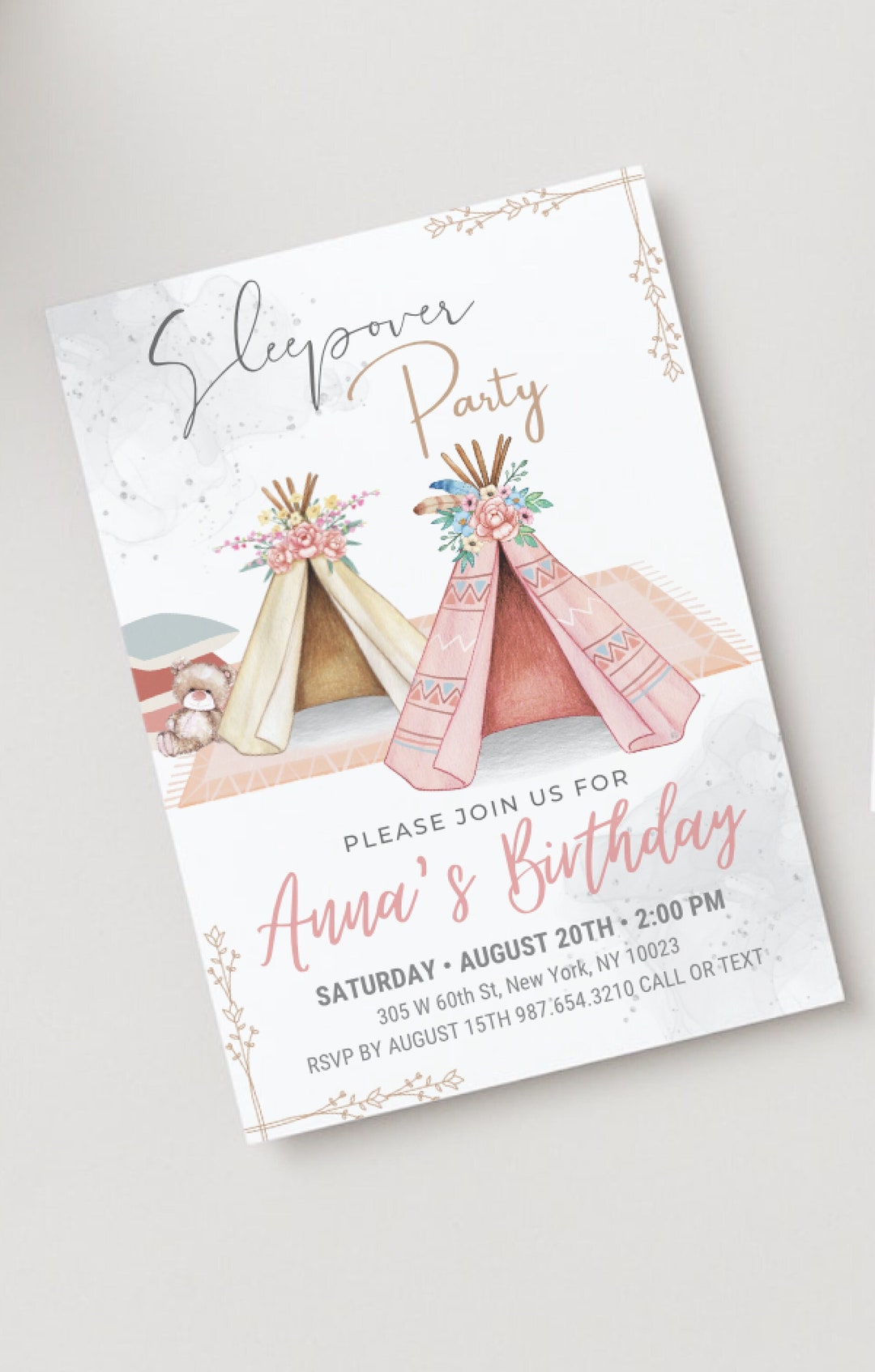Tent Sleepover Invitation Template Teepee Camping Slumber Party Pajama ...