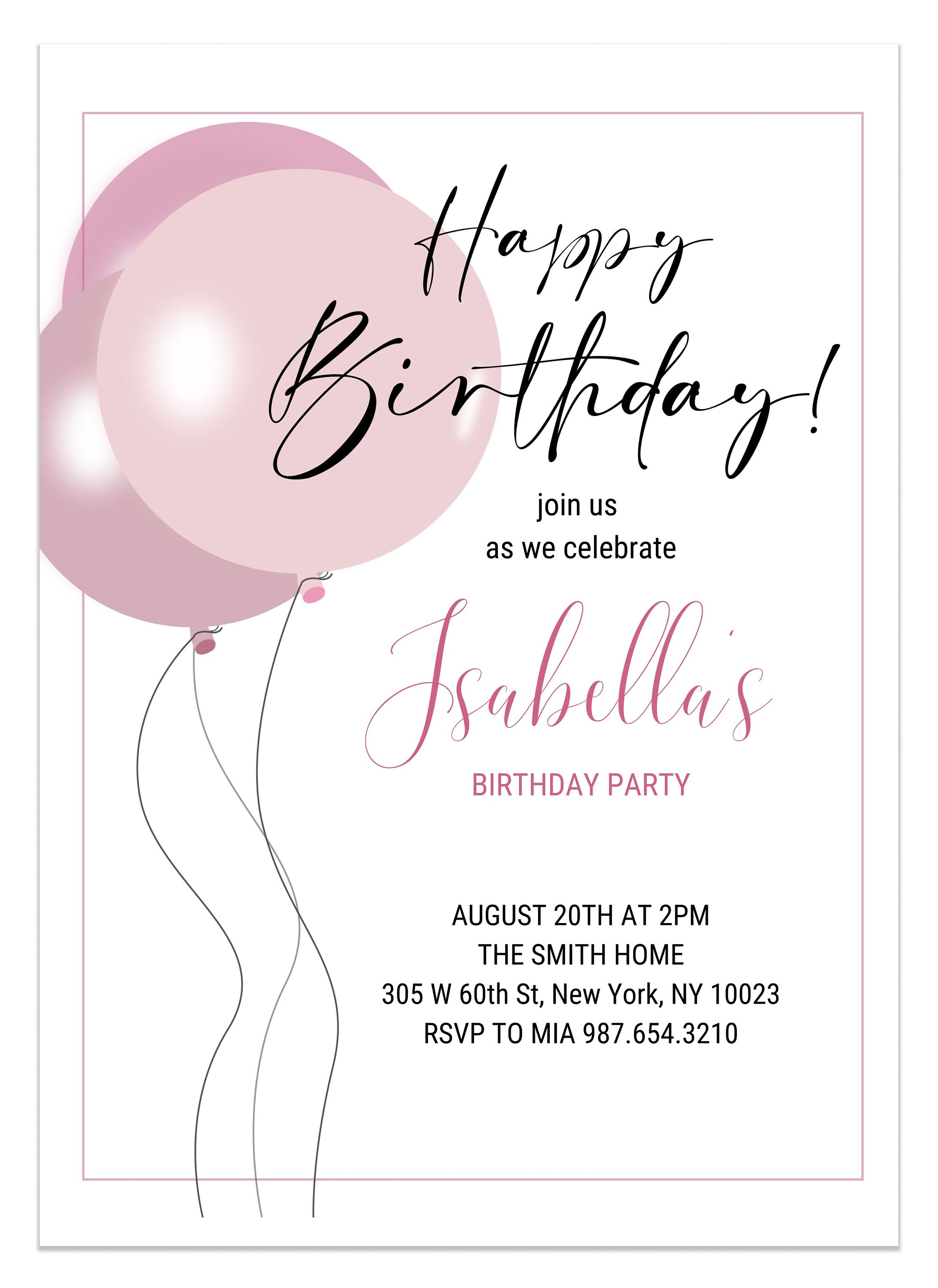 Balloon Birthday Invitation Template Instant Download Editable Pink ...