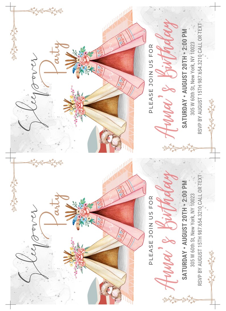 Tent Sleepover Invitation Template Teepee Camping Slumber Party Pajama ...