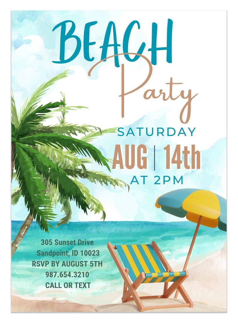 Beach Party Invitation Template Beach Bash Birthday Party Invite ...