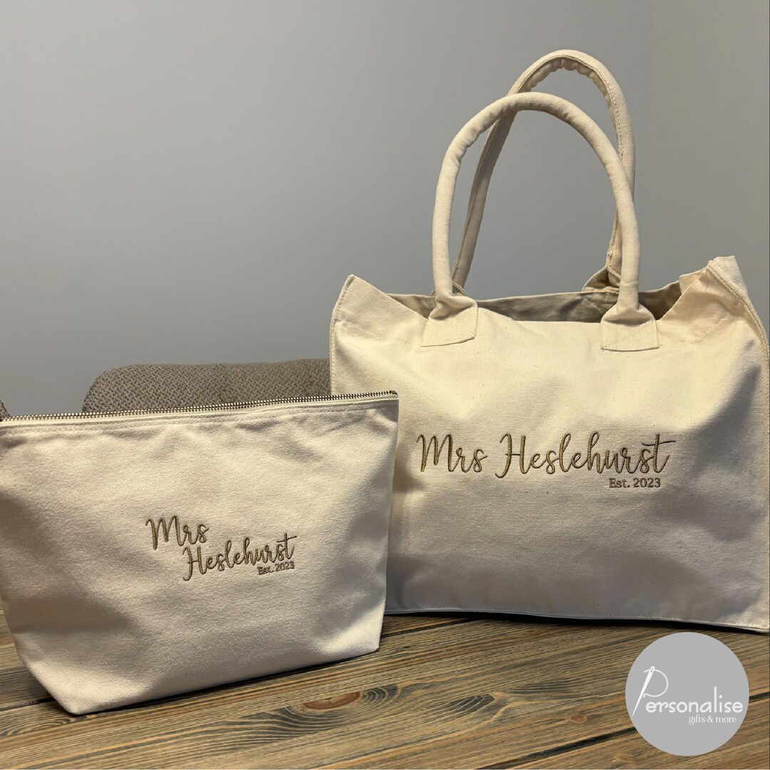 Personalised New Mrs Honeymoon Canvas Tote Bag & Clutch Set Bride Gift ...