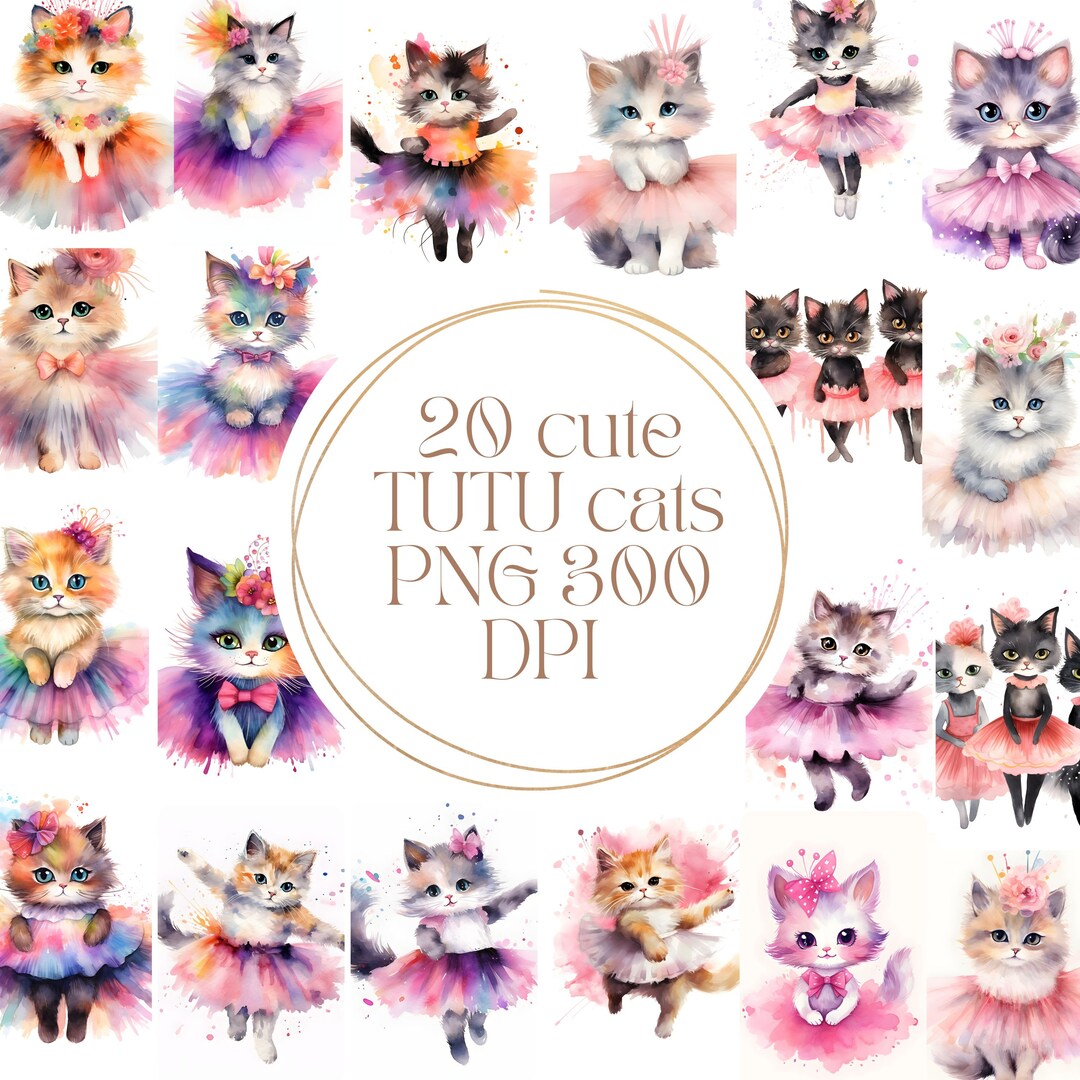 Tutu Cat Illustrations, Watercolor Clipart, Digital Downloads, Cats in ...