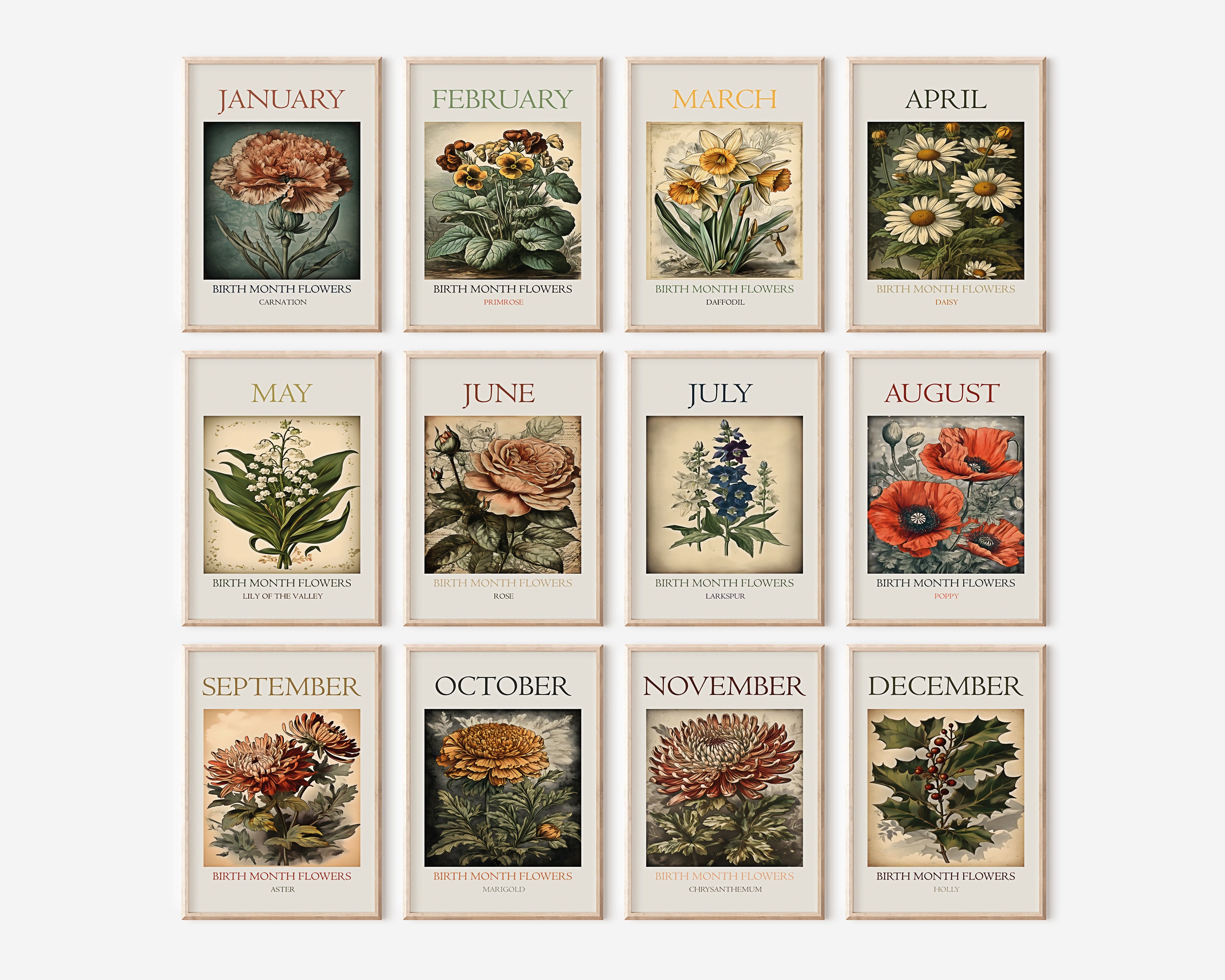 Birth Month Flowers, Set of 12, Printable Wall Art, Vintage Botanical ...