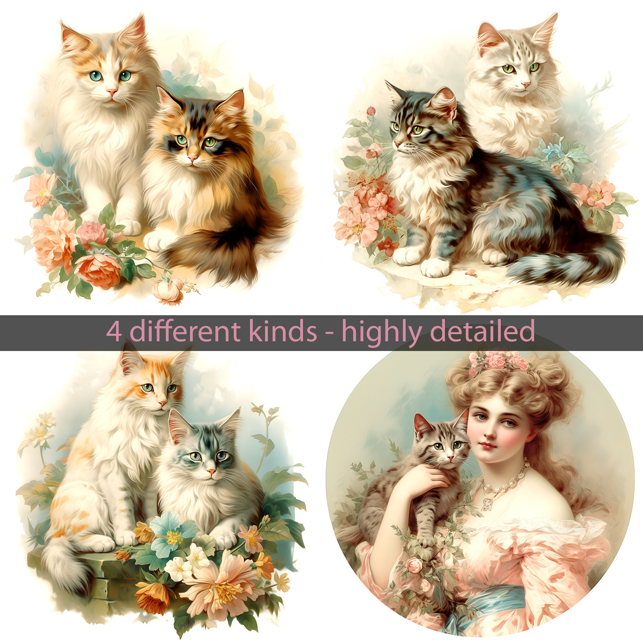 Vintage Cat Clipart Bundle, Watercolor Animal Clipart, Digital ...