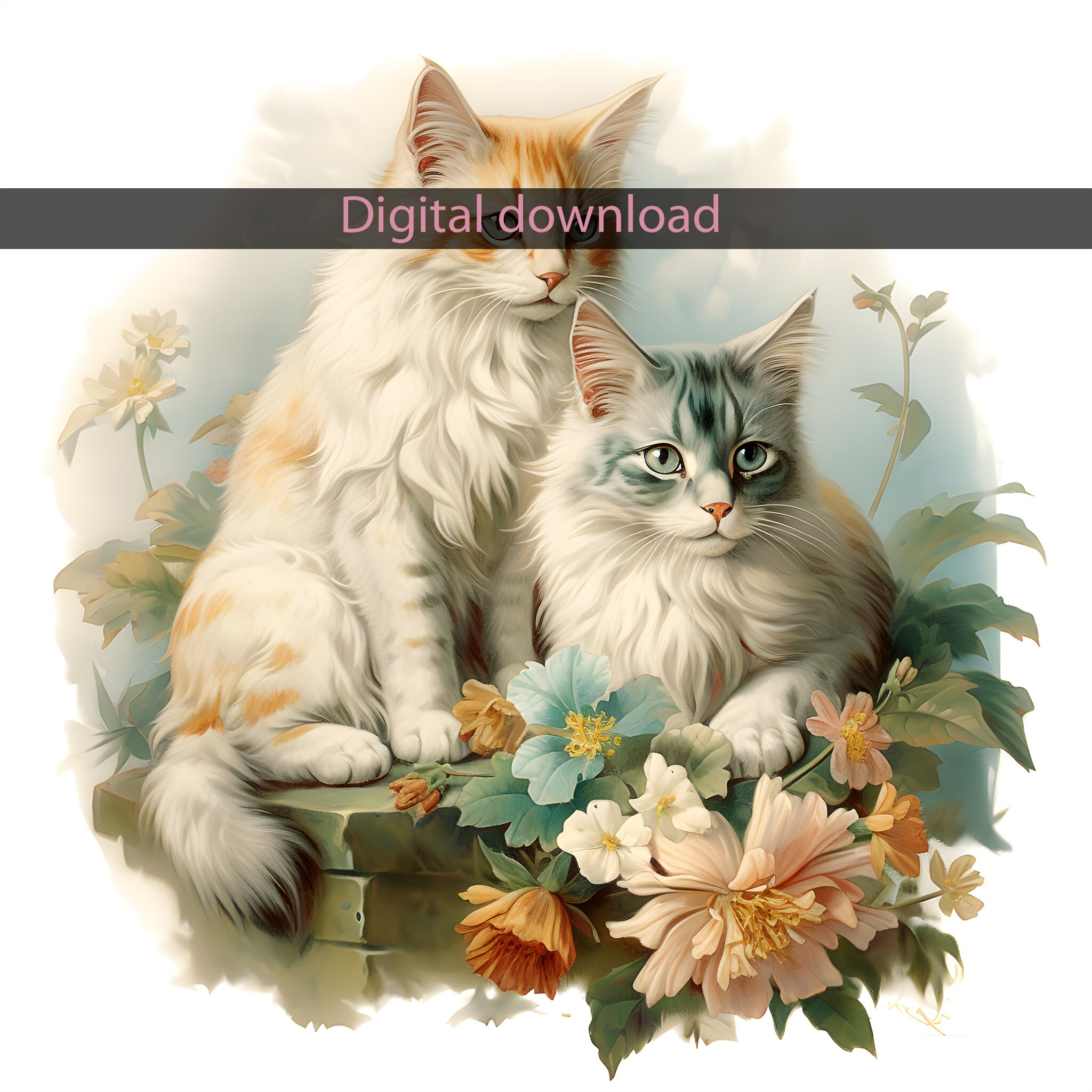 Vintage Cat Clipart Bundle, Watercolor Animal Clipart, Digital ...