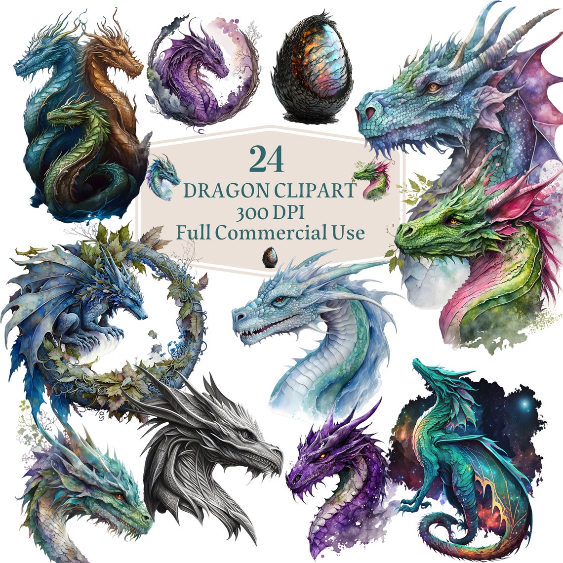 Big Dragon Illustrations Bundle, Watercolor Clipart, Digital Downloads ...