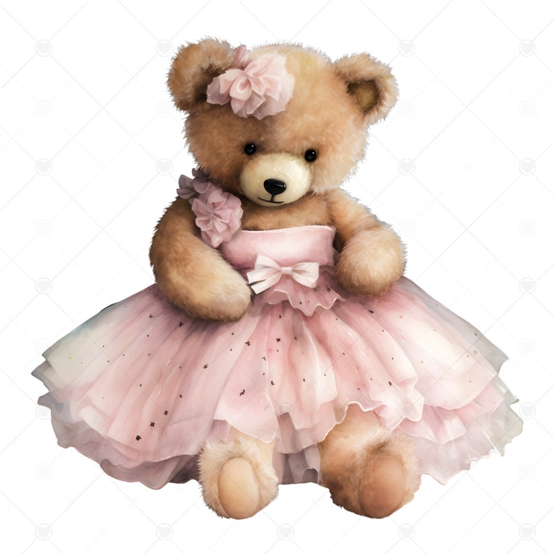 Tutu Teddy Bear Illustrations, Watercolor Clipart, Digital Downloads ...