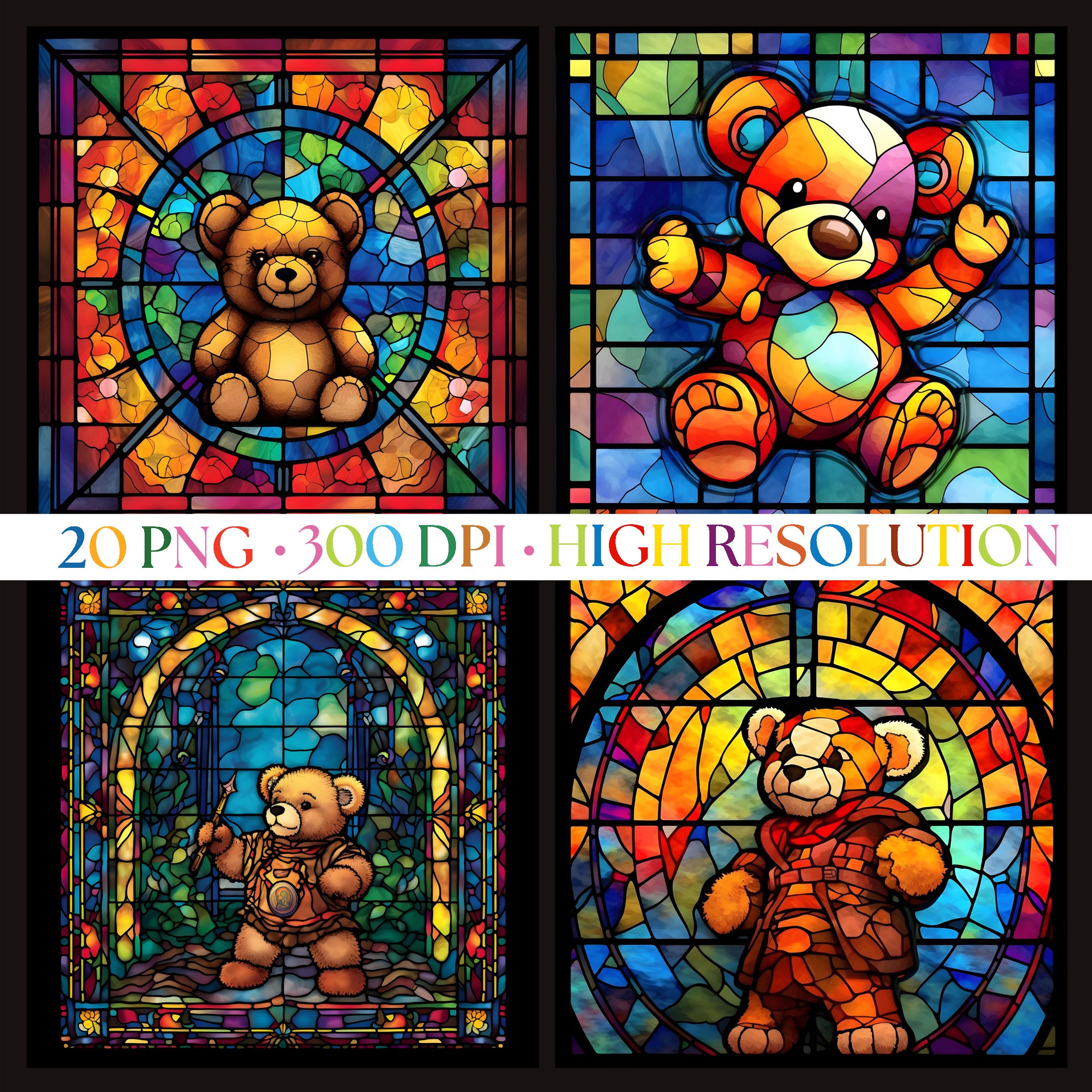 Stained Glass Teddy Bear PNG, Watercolor Stained Glass Art, Digital ...