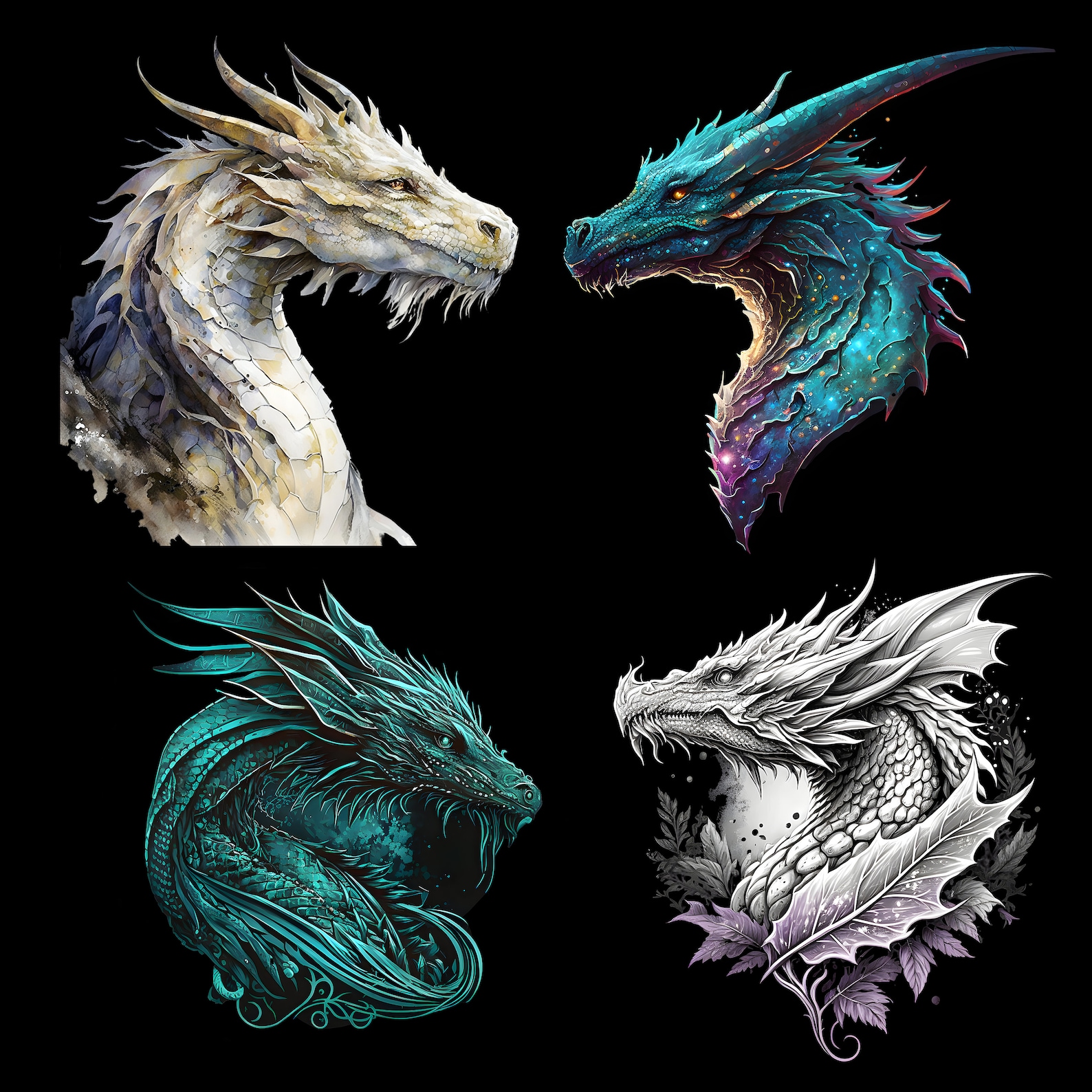 Big Dragon Illustrations Bundle, Watercolor Clipart, Digital Downloads ...
