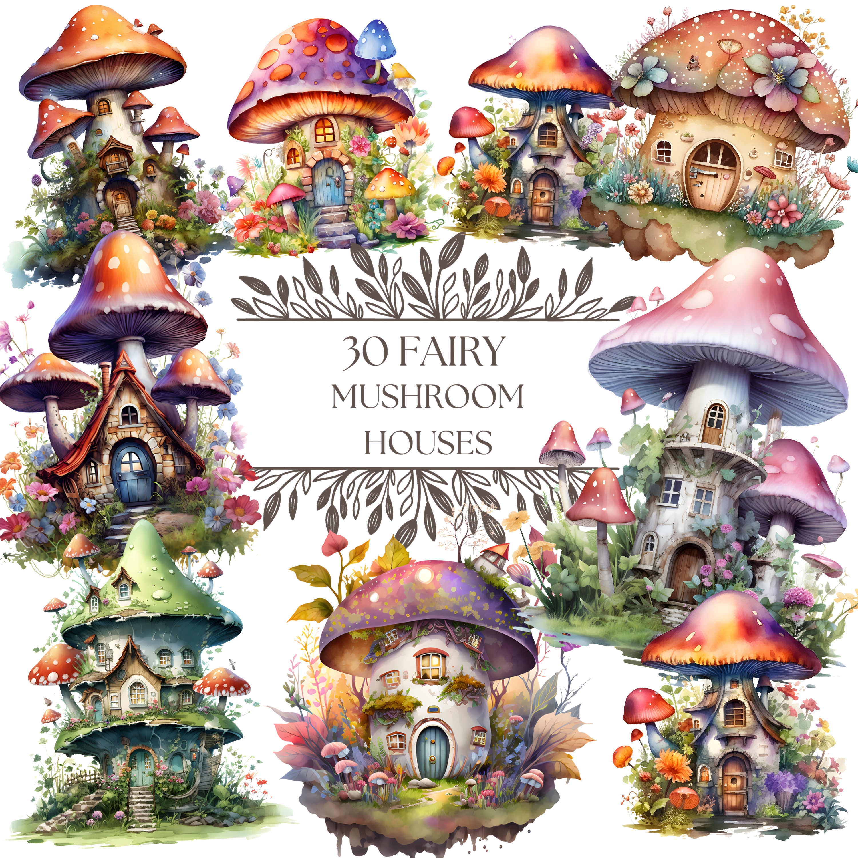 30 Mushroom Fairy Houses, Transparent Background, Illustrations Bundle ...