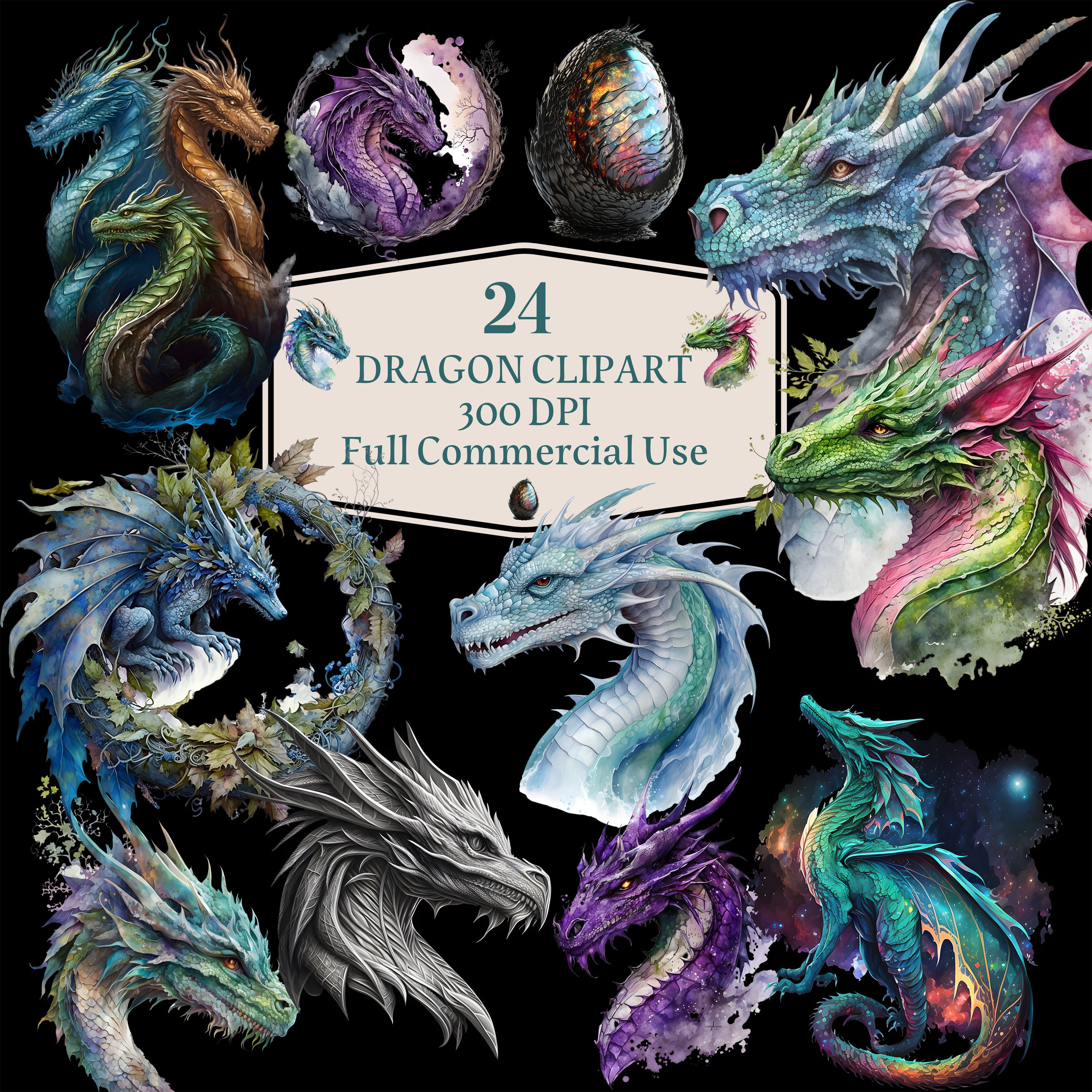 Big Dragon Illustrations Bundle, Watercolor Clipart, Digital Downloads ...