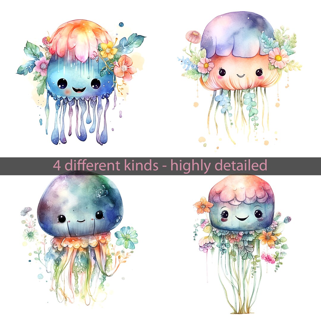 Jellyfish Illustrations Bundle, Watercolor Animal Clipart, Digital ...