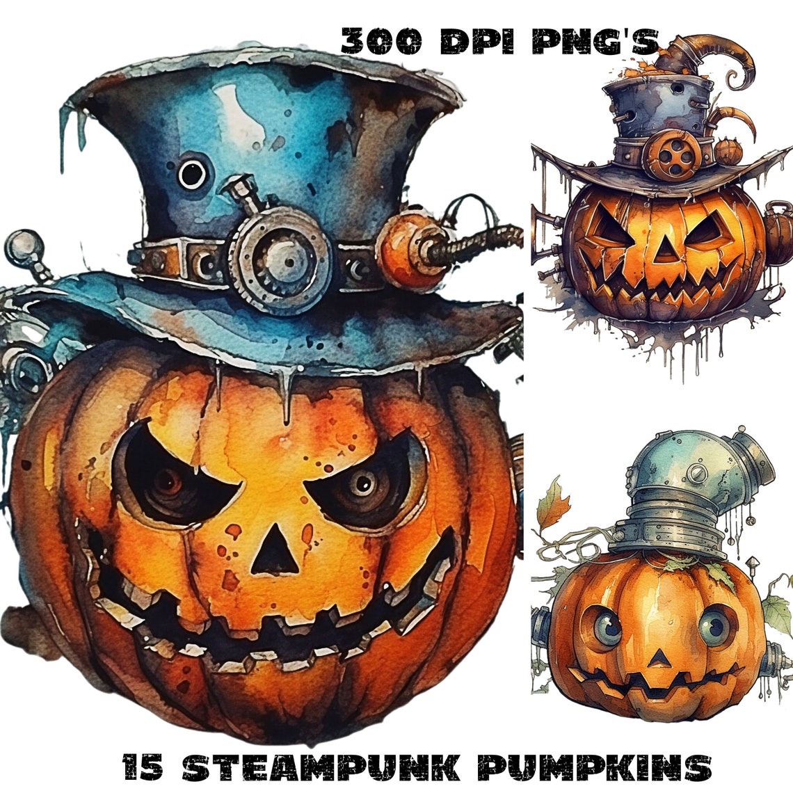 15 Steampunk Pumpkin Clipart Illustrations Bundle Watercolor - Etsy