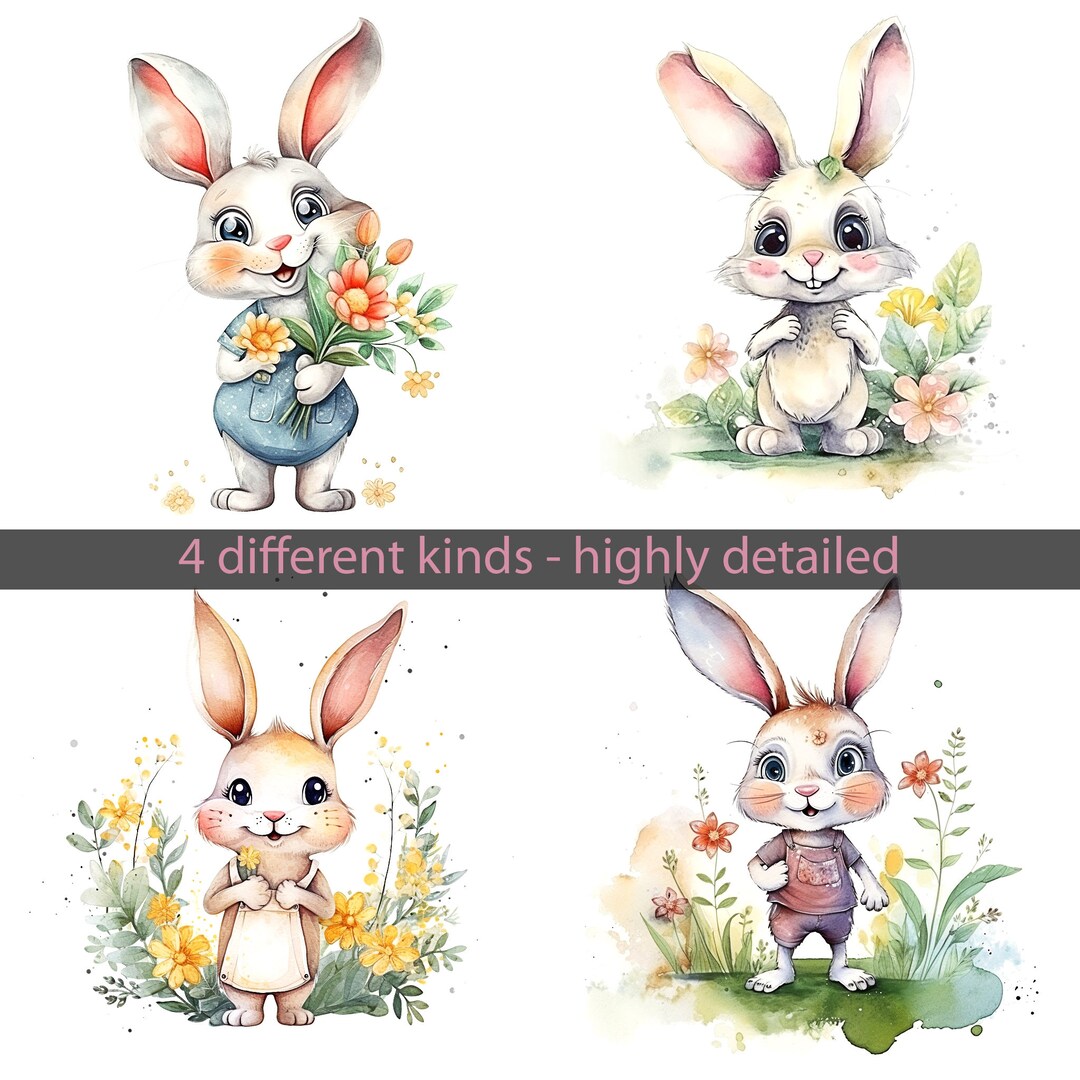 Bunny Rabbits Bundle, Watercolor Animal Clipart, Digital Downloads ...