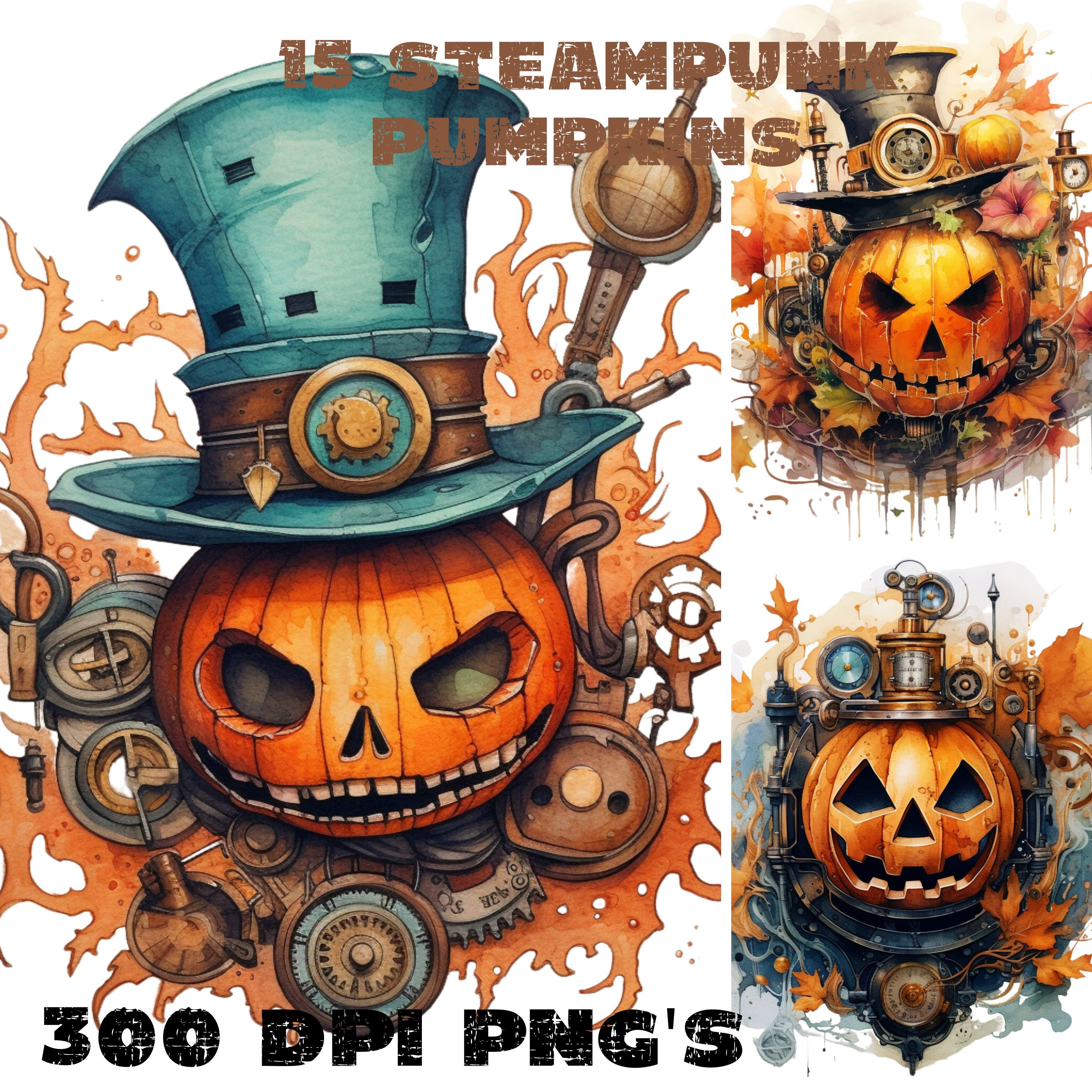 15 Steampunk Pumpkin Clipart Illustrations Bundle, Watercolor Clipart ...