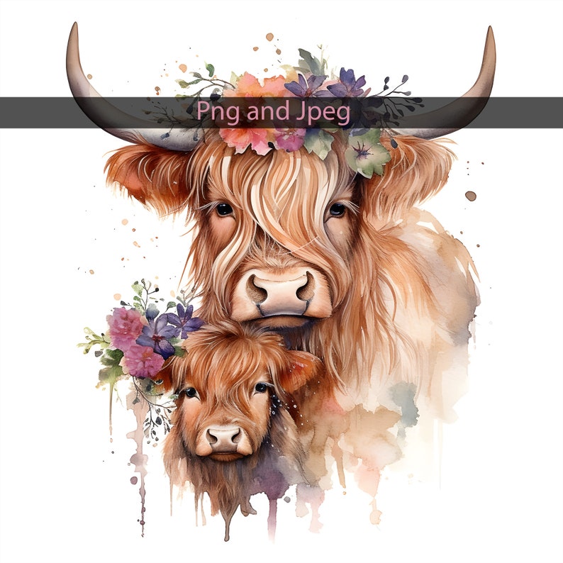 Highland Cow and Calf Bundle Watercolor Animal Clipart - Etsy