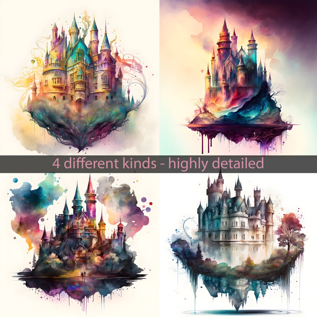 Iridescent Castles Illustrations Bundle, Watercolor Castle Clipart ...