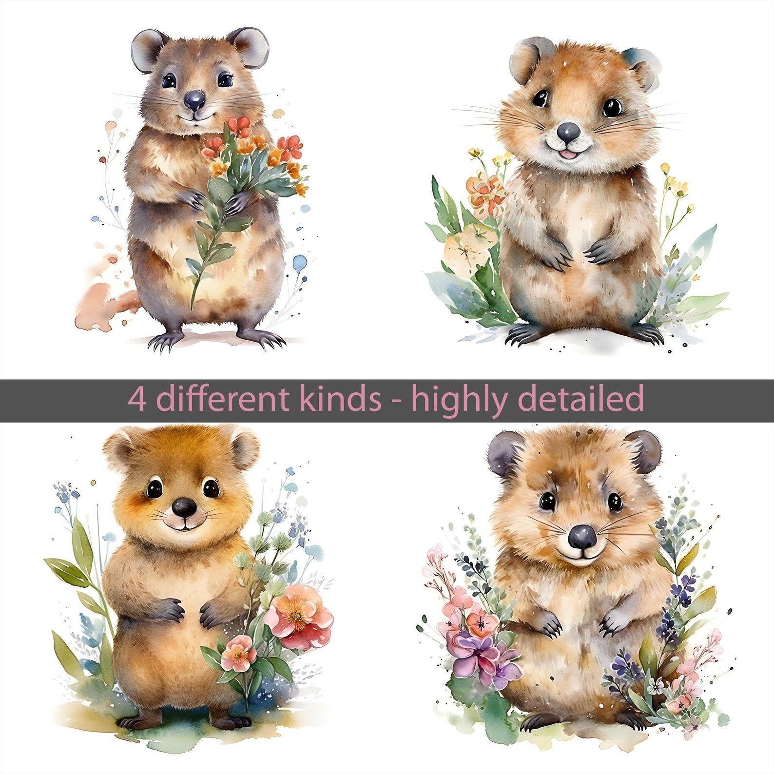 Quokka Illustration Bundle, Watercolor Animal Clipart, Digital Downloads, Quokka, PNG ...