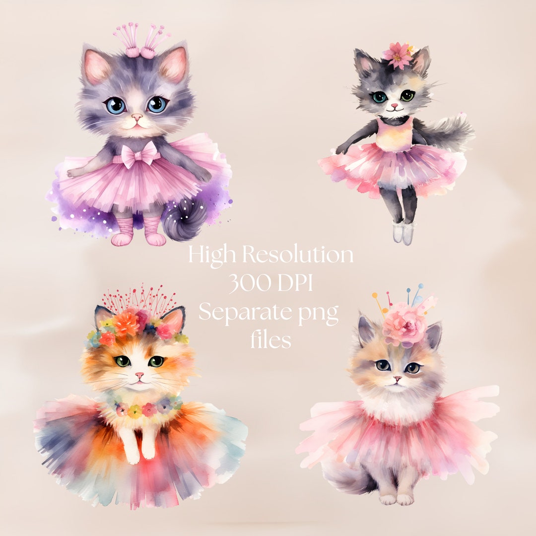 Tutu Cat Illustrations, Watercolor Clipart, Digital Downloads, Cats in ...