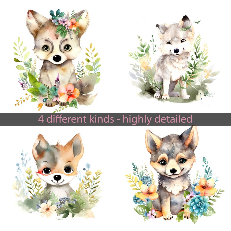 Wolf Illustrations Bundle, Watercolor Animal Clipart, Digital Downloads ...