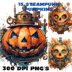15 Steampunk Pumpkin Clipart Illustrations Bundle, Watercolor Clipart ...