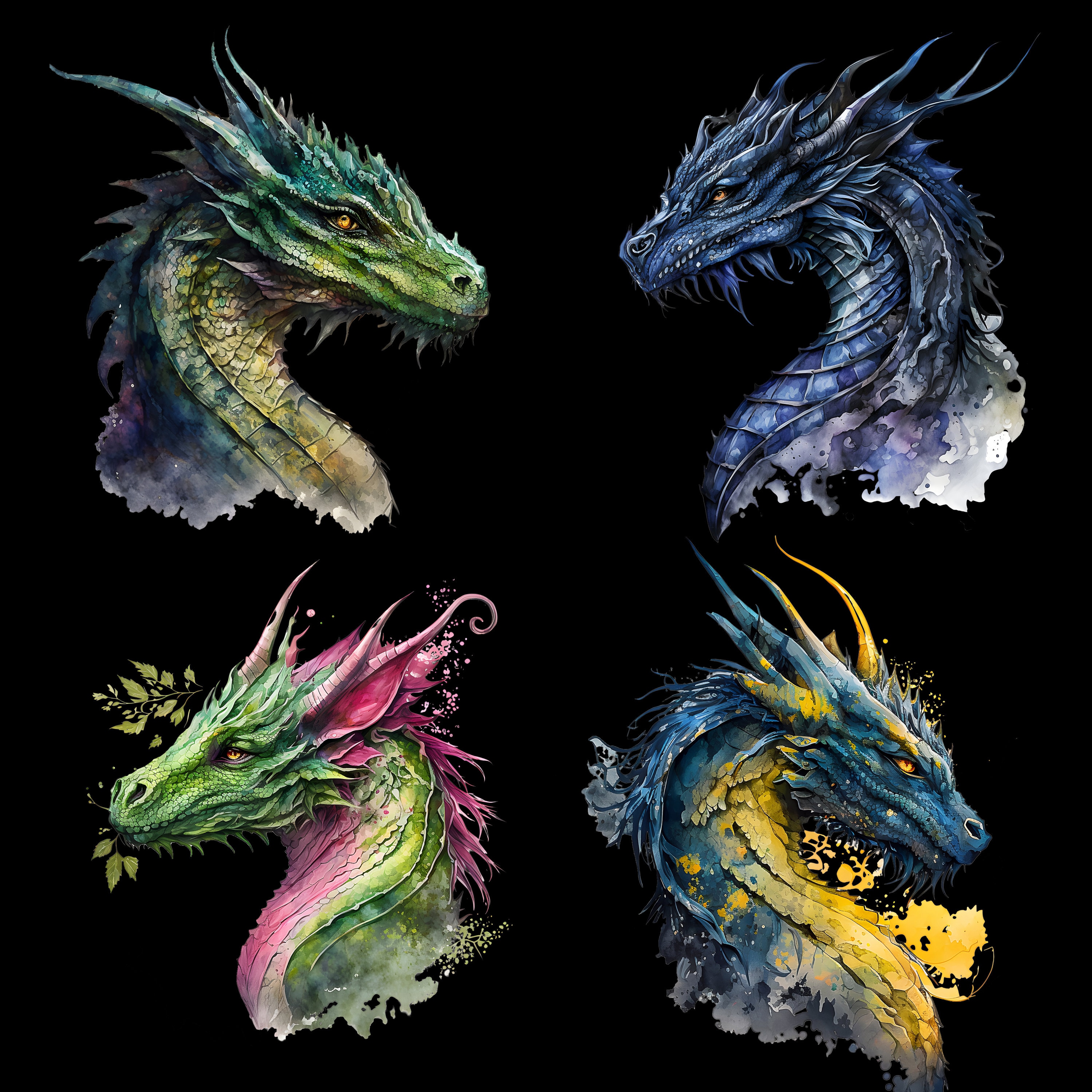 Big Dragon Illustrations Bundle, Watercolor Clipart, Digital Downloads ...