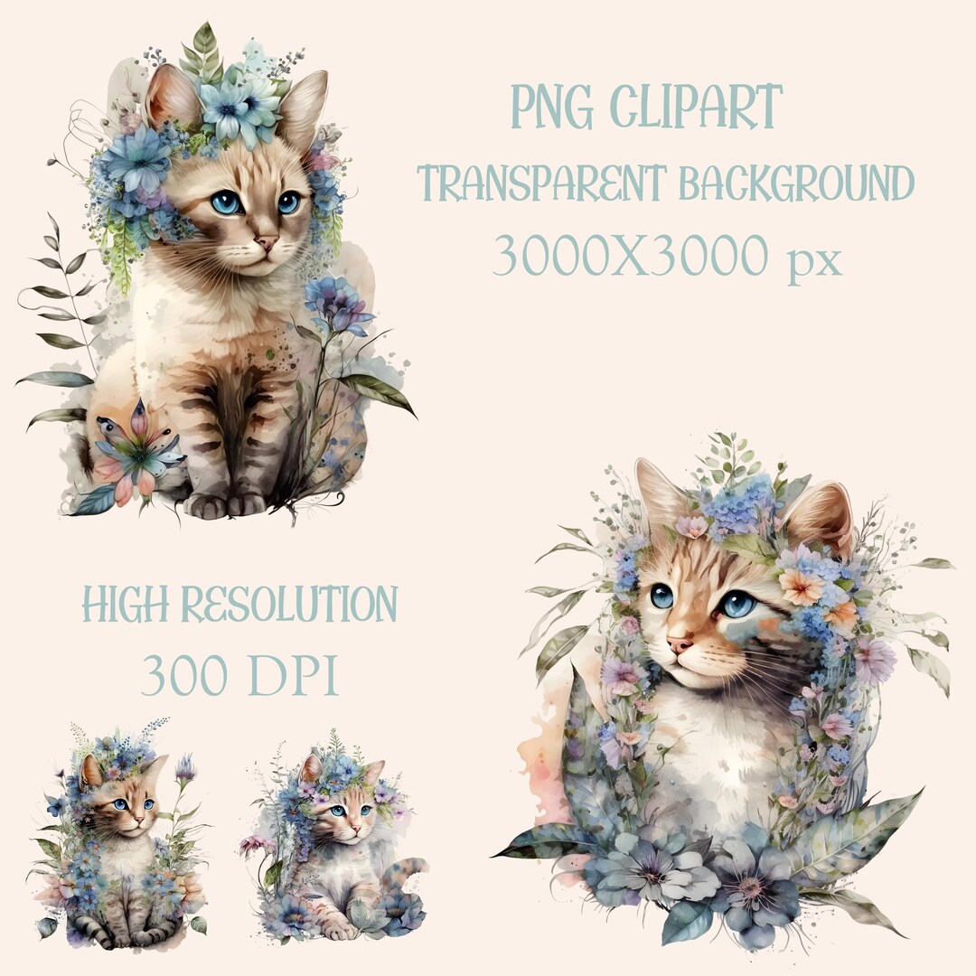 Cute Cat Clipart Bundle, Watercolor Animal Clipart, Digital Downloads ...