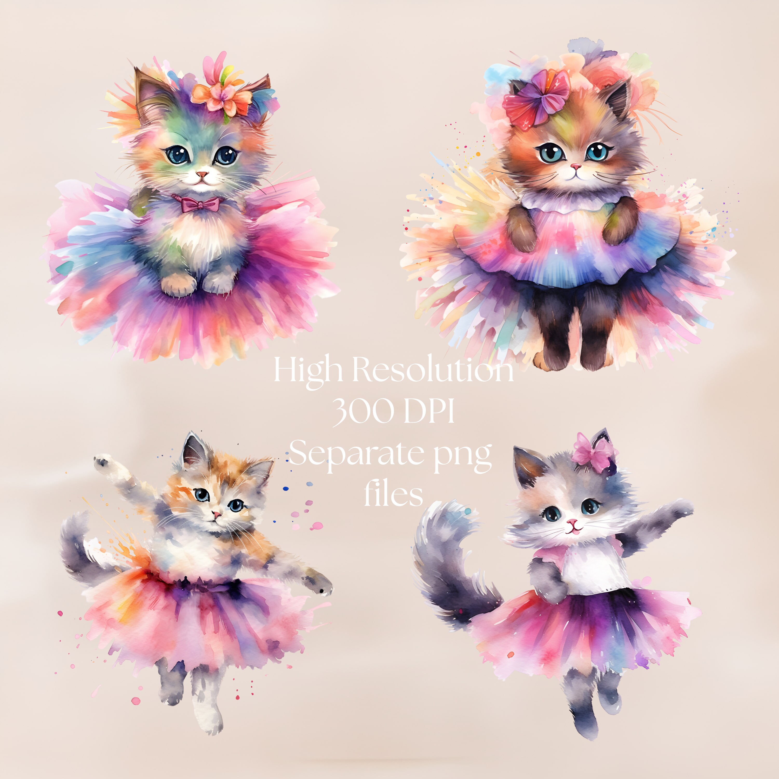 Tutu Cat Illustrations, Watercolor Clipart, Digital Downloads, Cats in ...