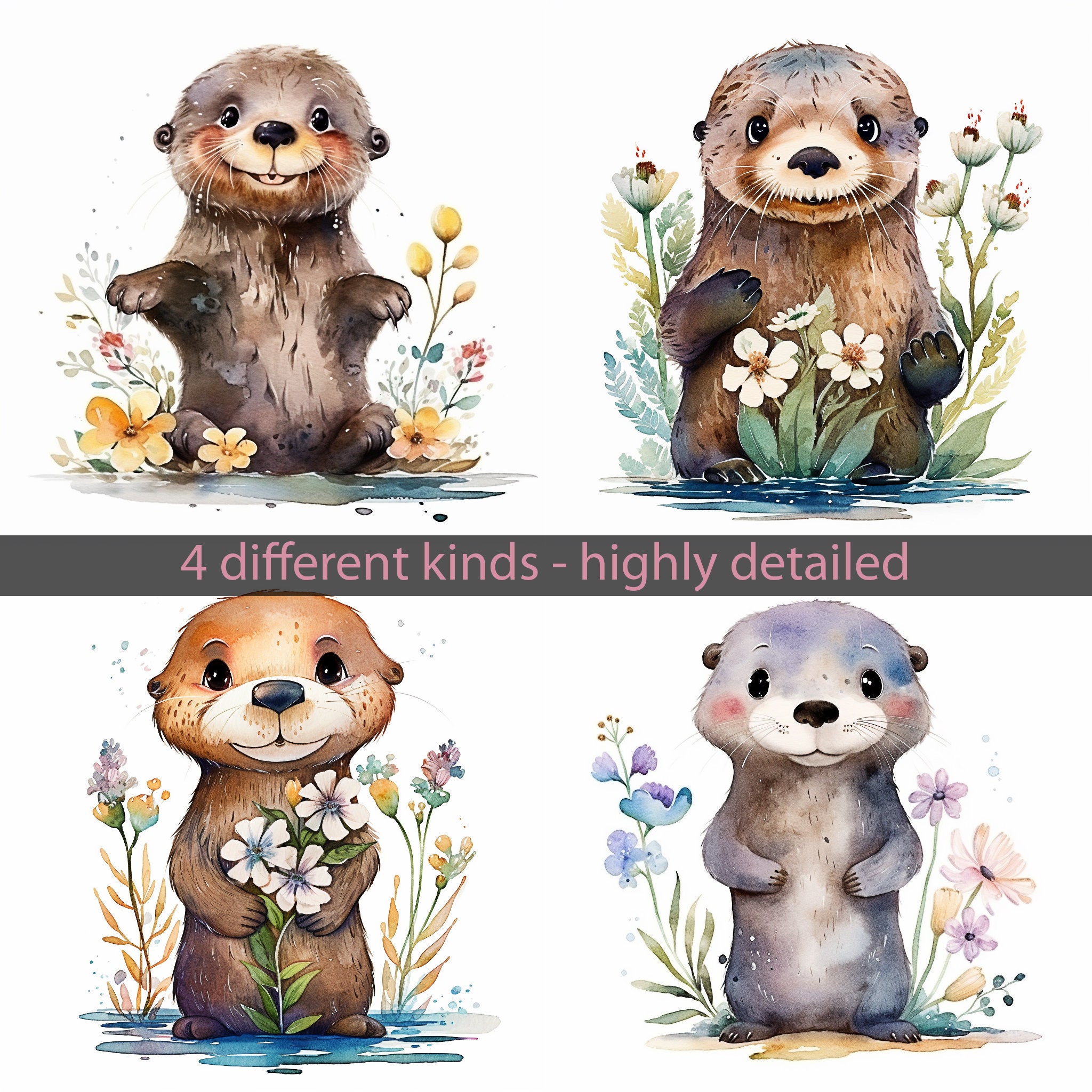 Sea Otters Illustrations Bundle, Watercolor Animal Clipart, Digital ...