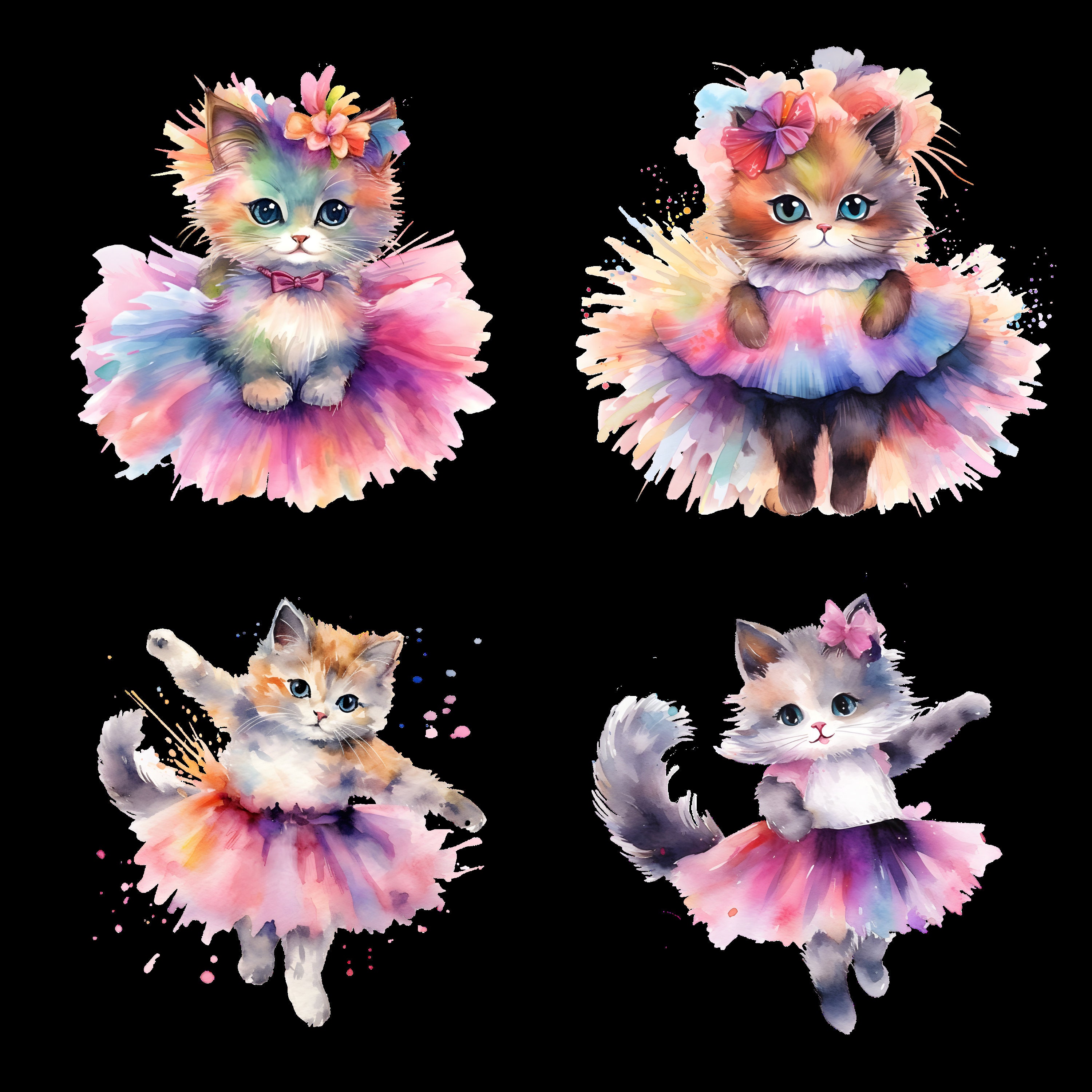 Tutu Cat Illustrations, Watercolor Clipart, Digital Downloads, Cats in ...