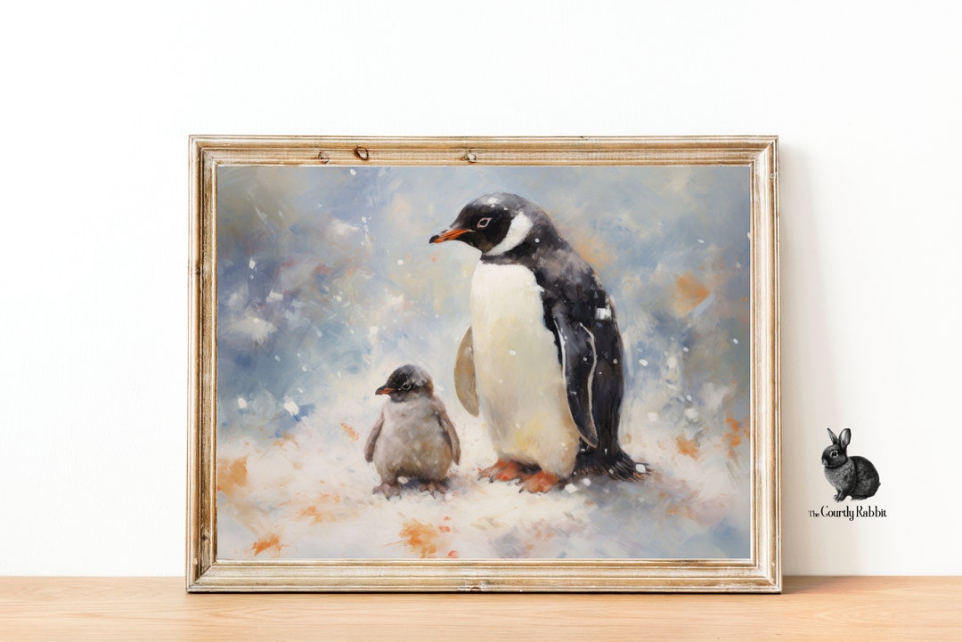 Snowy Penguin Pair: Digital Wall Art & Poster Print of Adult and Chick ...