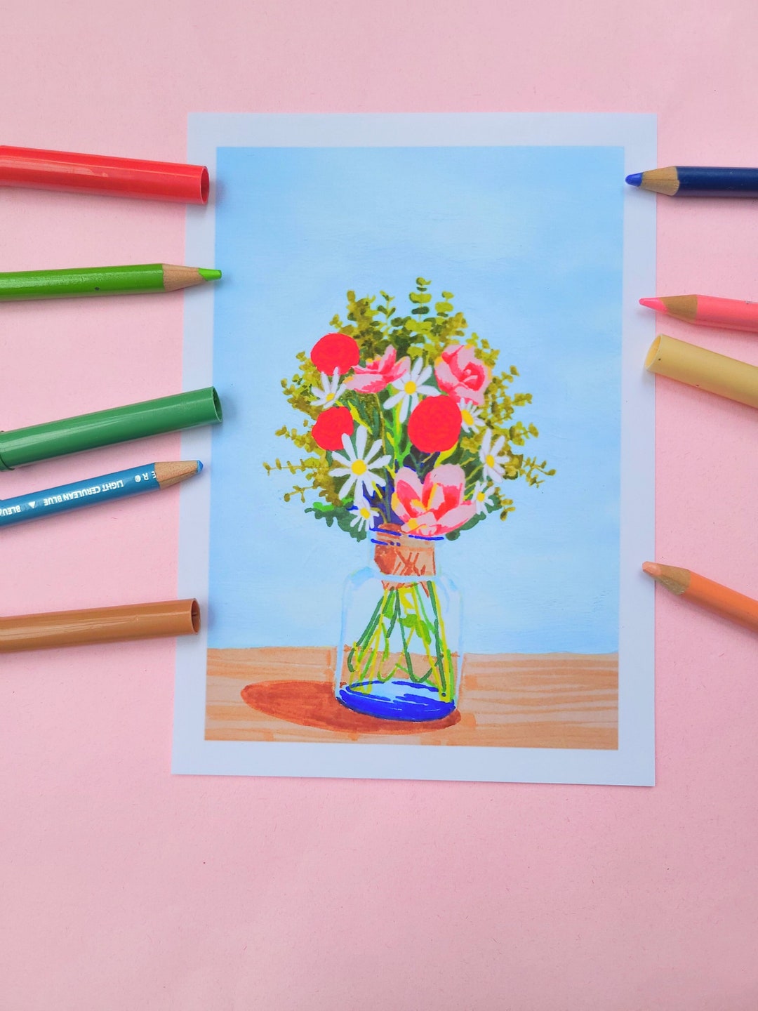 5x7 Pop Art Flower Vase Still Life, Colorful, Marker Art, Art Print - Etsy