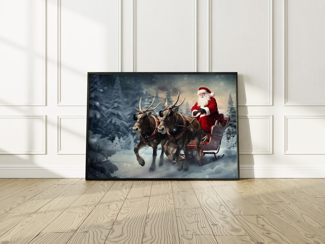 Santa Oil Painting, Vintage Christmas Print, Santa Claus Sleigh ...