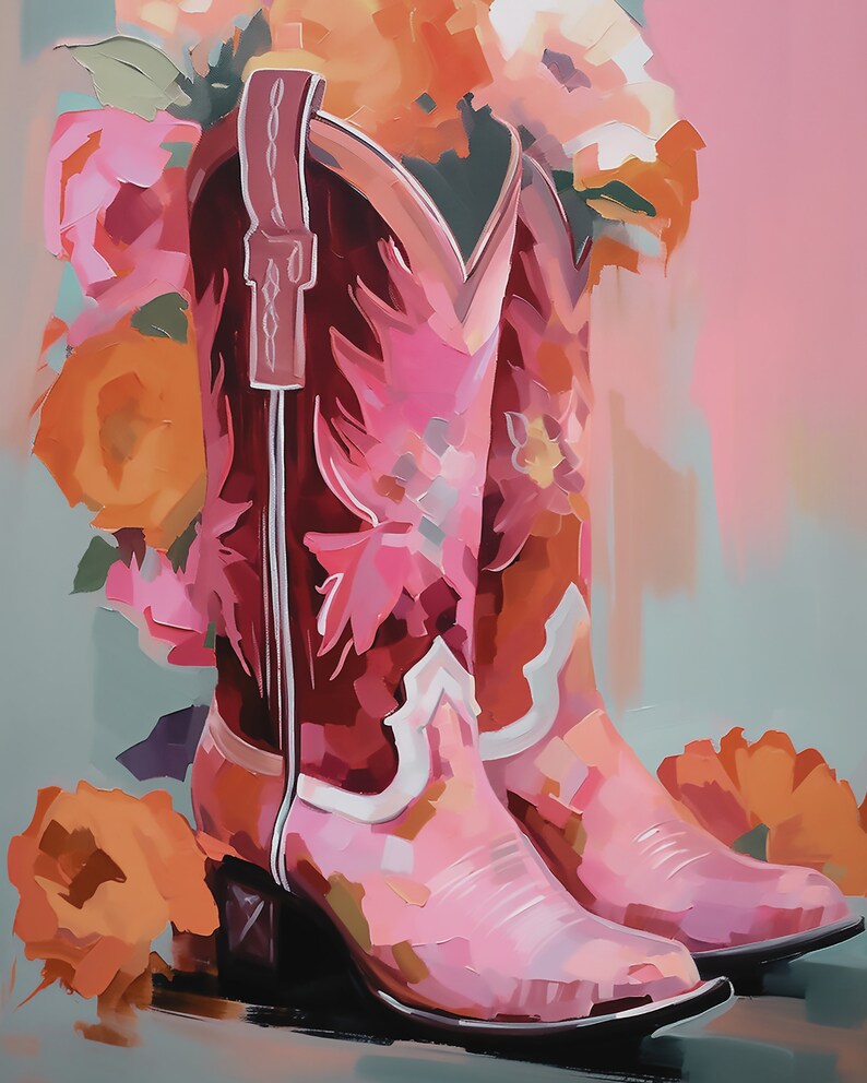 Cowgirl Boots Print, Coastal Pink Painting Poster, Western Nursery ...