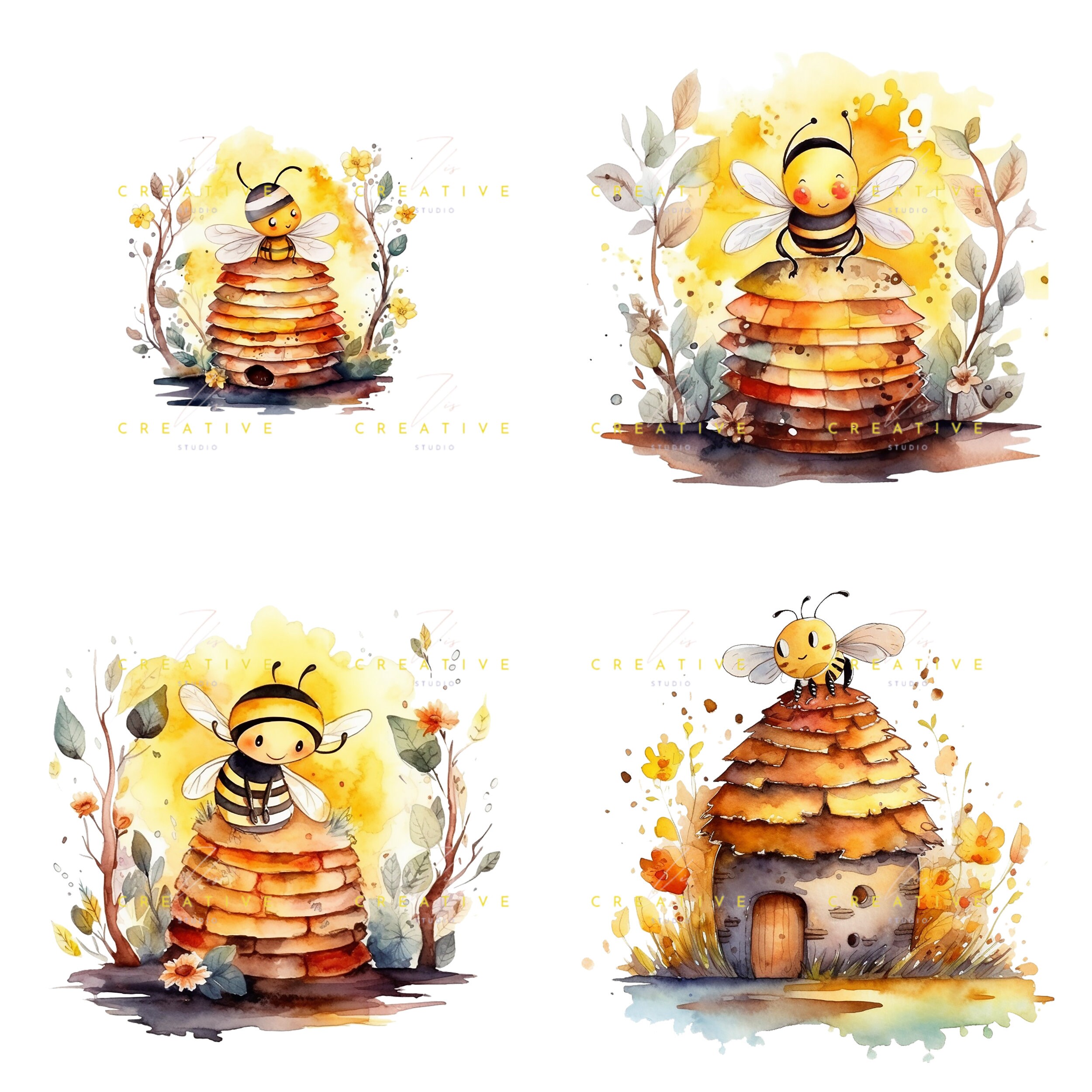 Watercolor Bee Clipart Cute Baby Bees Clipart 12 Pngs - Etsy