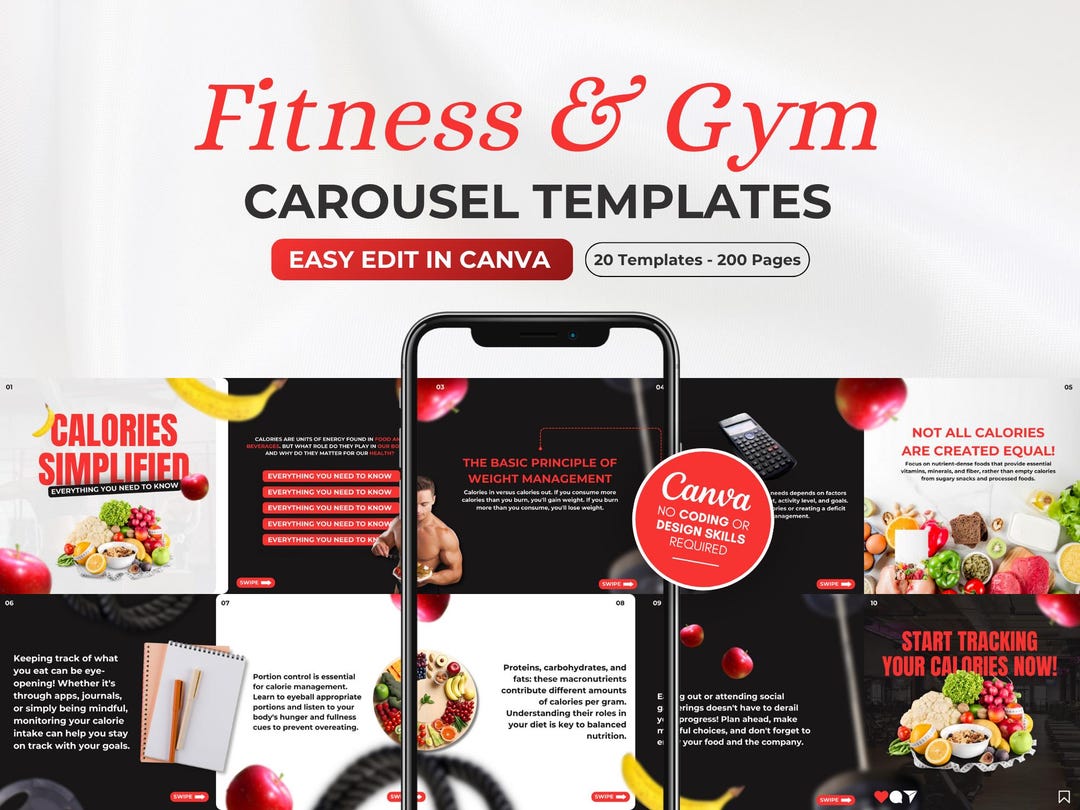 Gym Fitness Instagram Carousel Templates: Social Media Pack (200 ...