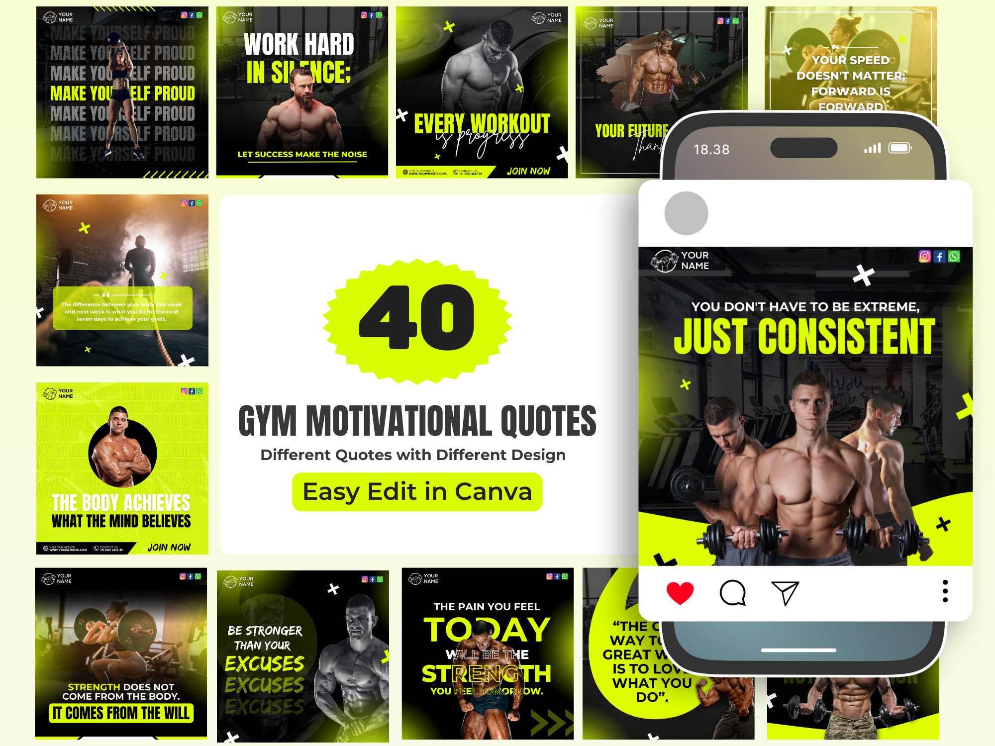 GYM Motivational Instagram Templates Canva Fitness Social Media ...