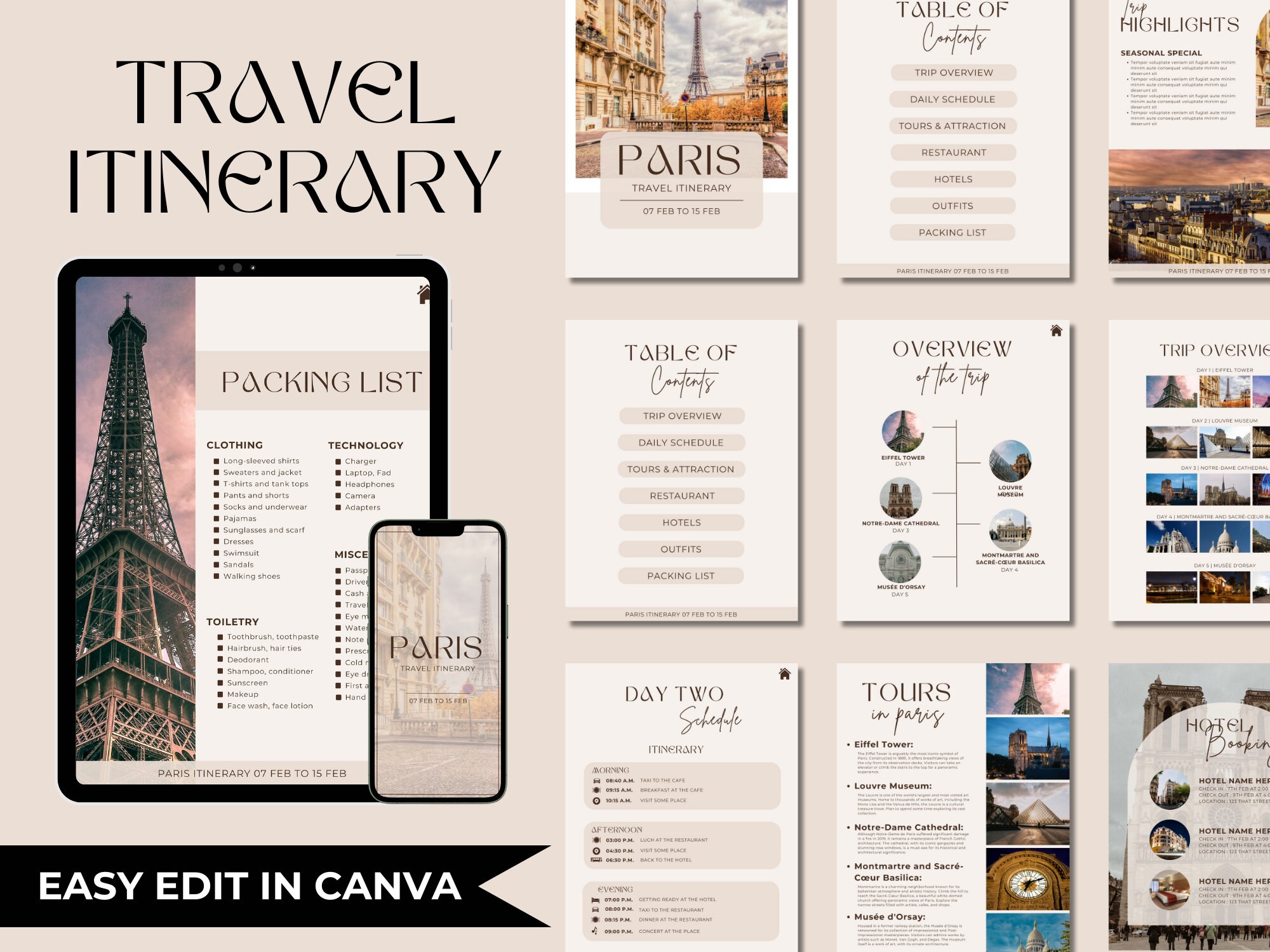 Editable Travel Itinerary Template, Travel Planner, Printable Travel ...