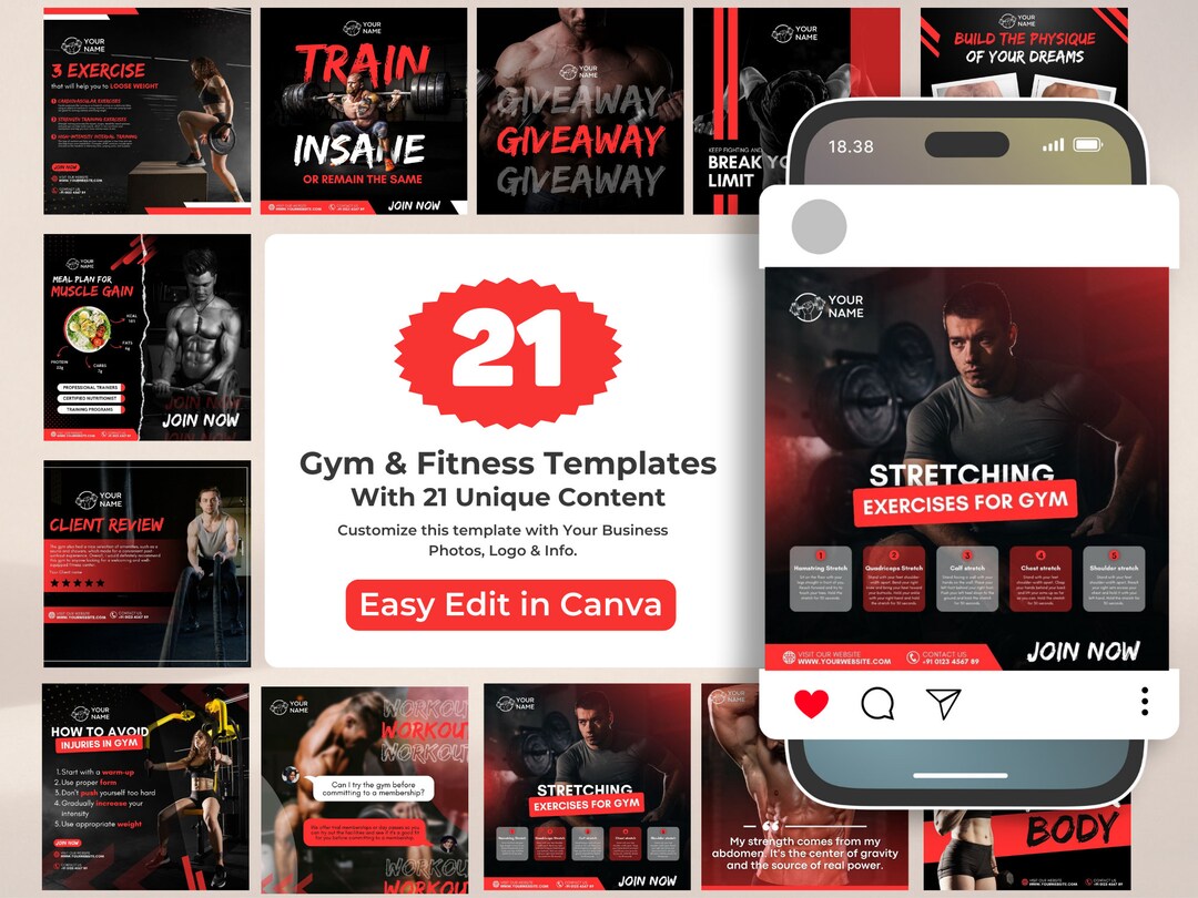 Gym Instagram Template Canva Fitness Social Media Templates Red Fitness ...