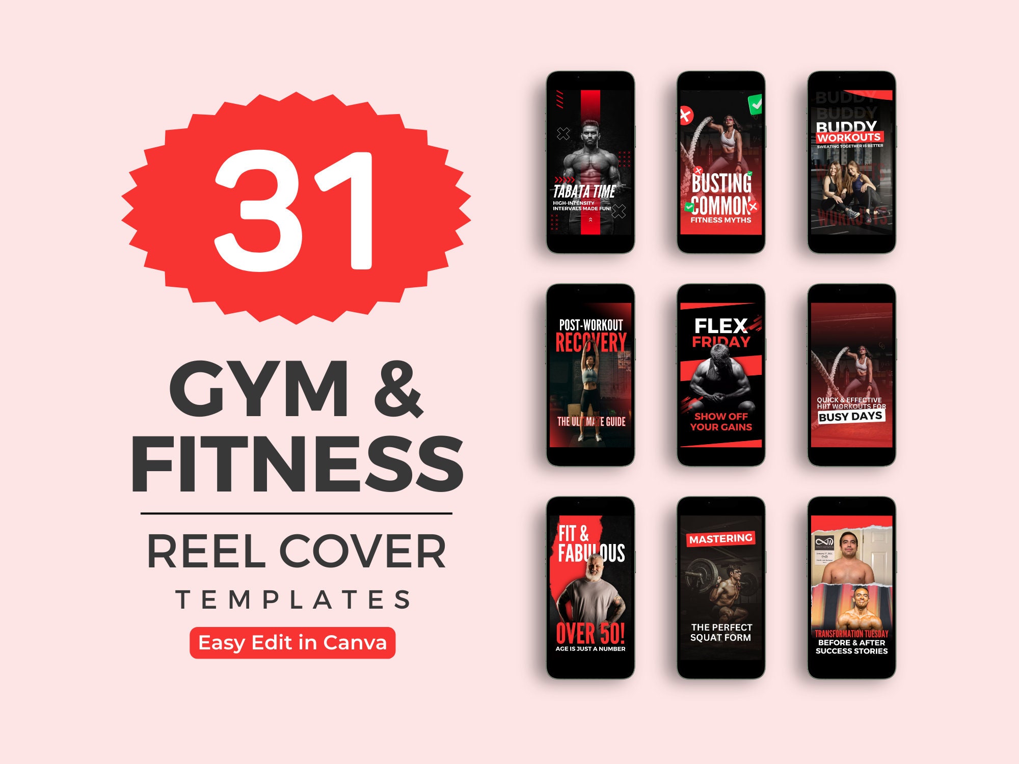 Gym Reel Instagram Cover Templates Fitness Social Media Posts Red ...